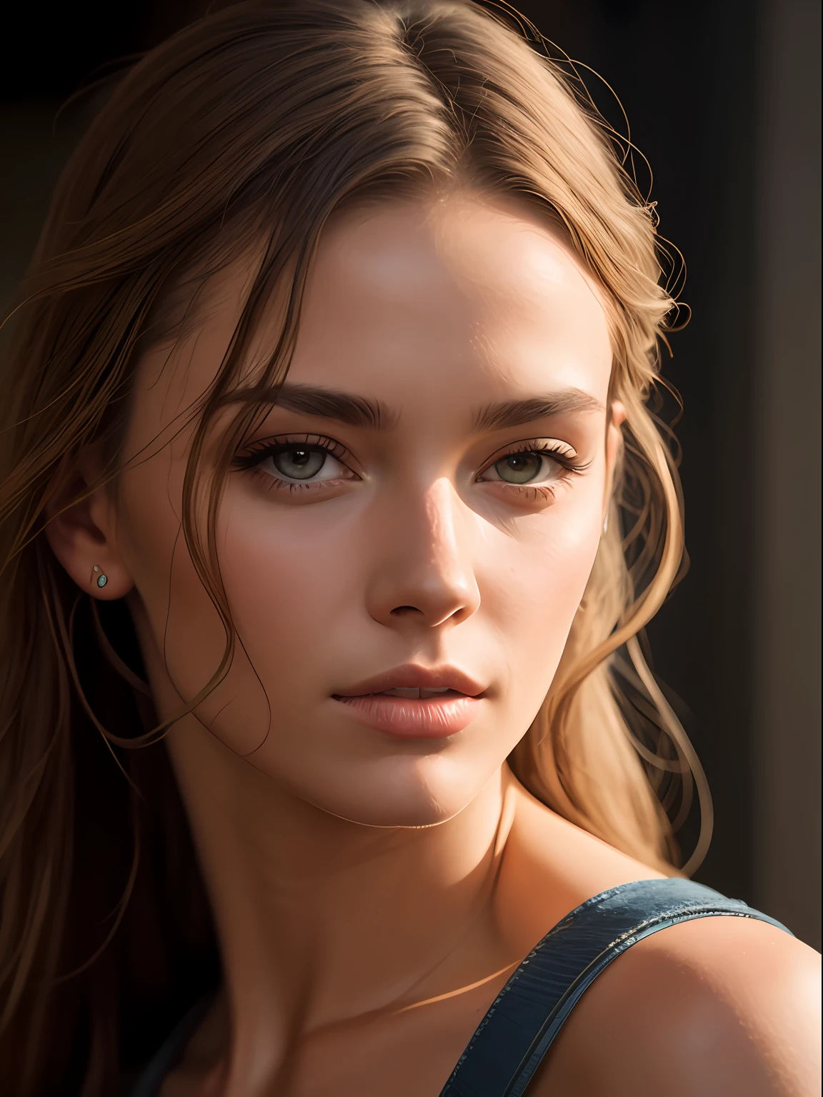 A close up of a woman with long hair and a blue top - SeaArt AI