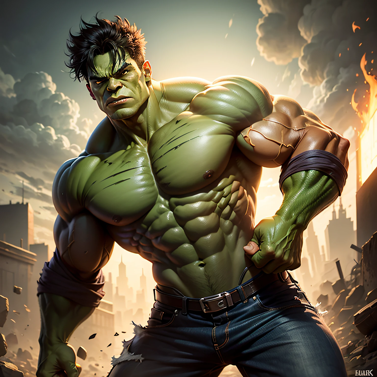 Hulk in the city with fire coming out of his chest - SeaArt AI