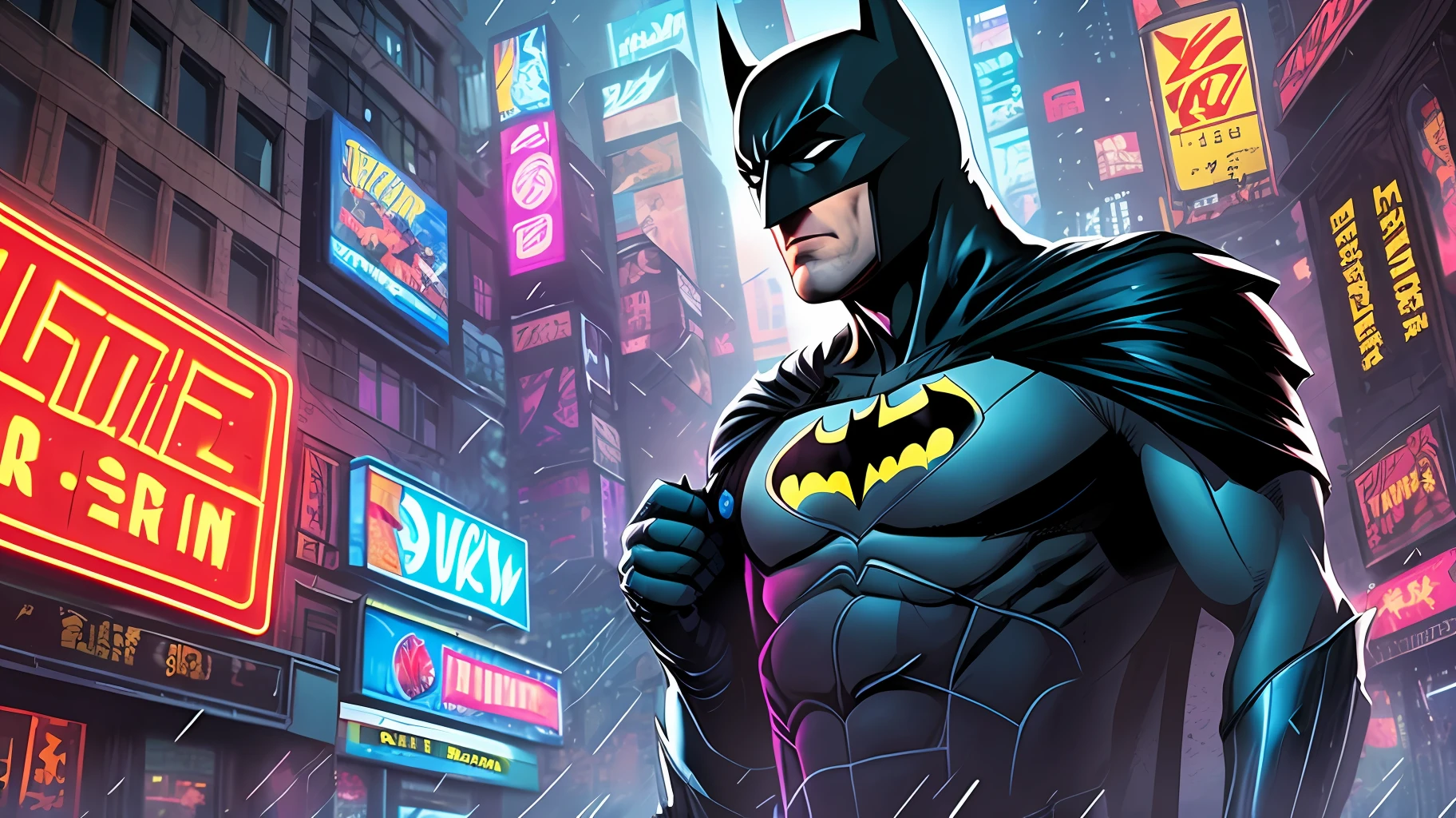Batman in a city at night with neon signs - SeaArt AI