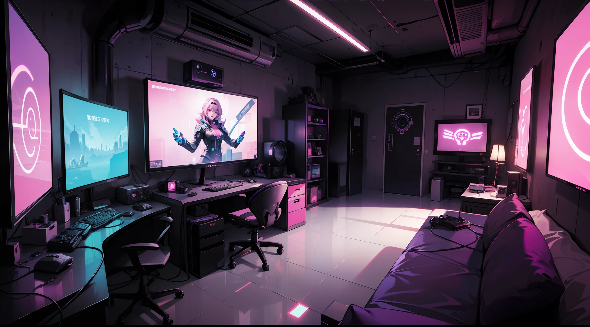 There is a room with a lot of computers and a big screen - SeaArt AI