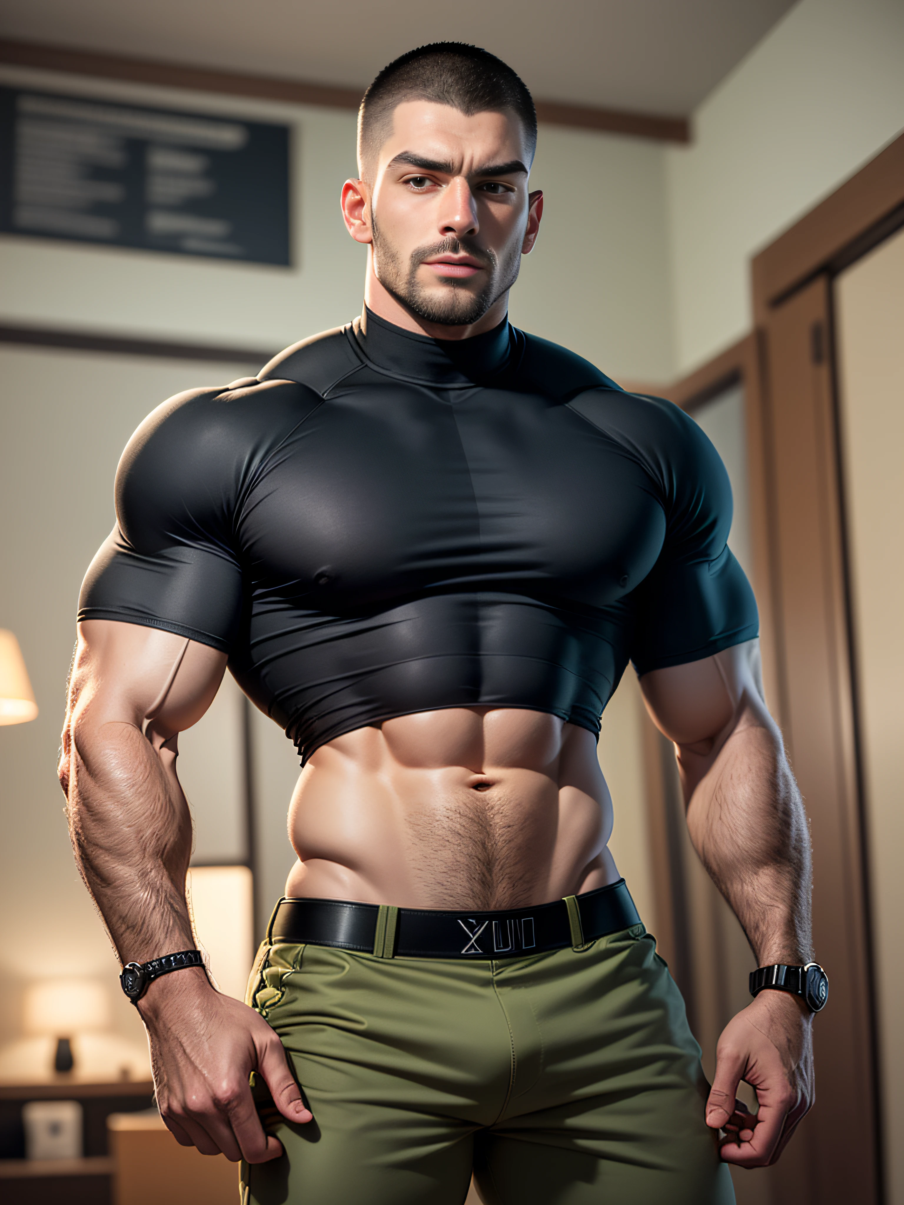 A man in a black shirt and green pants posing for a picture - SeaArt AI