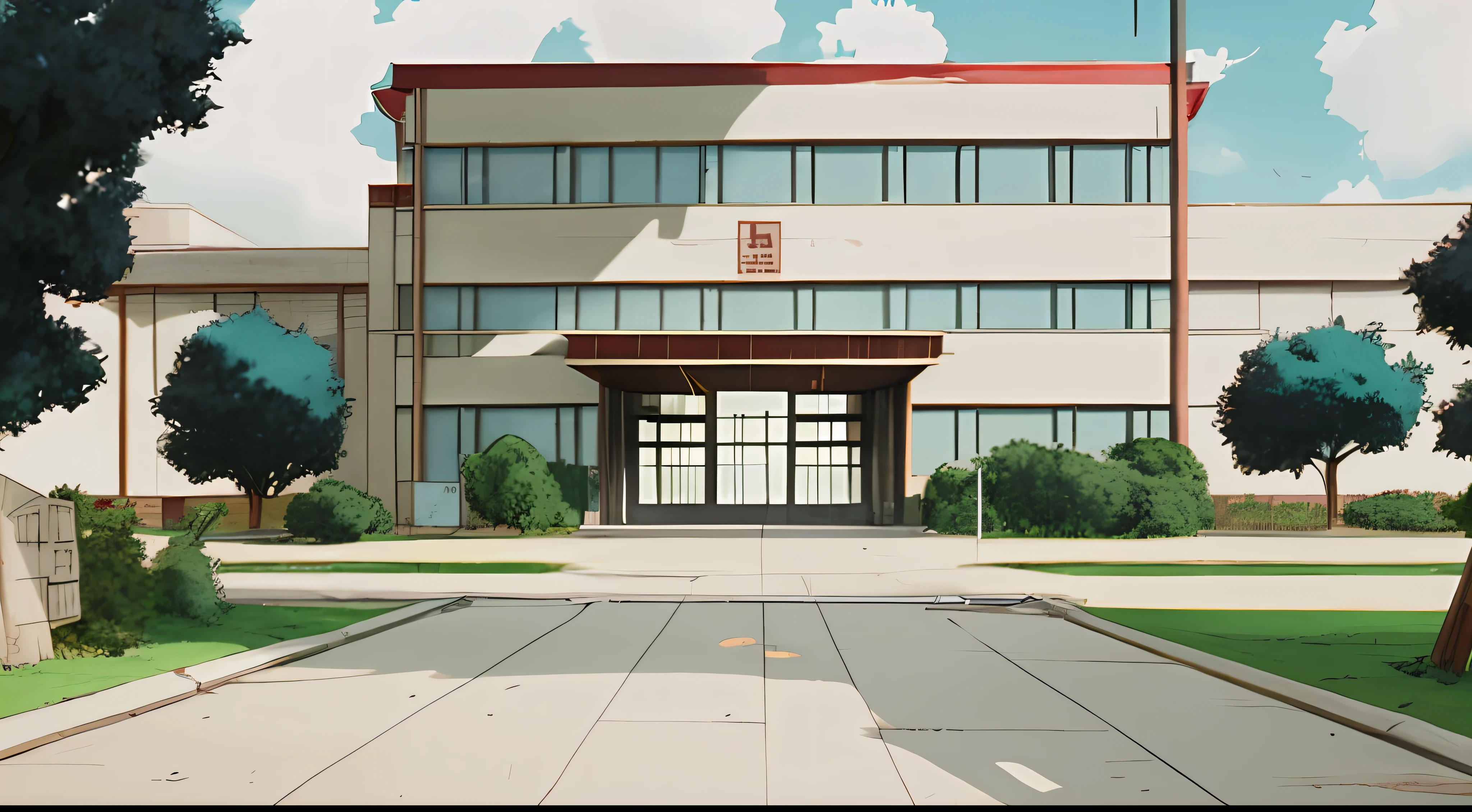 Anime scene of a school building with a large courtyard and trees ...