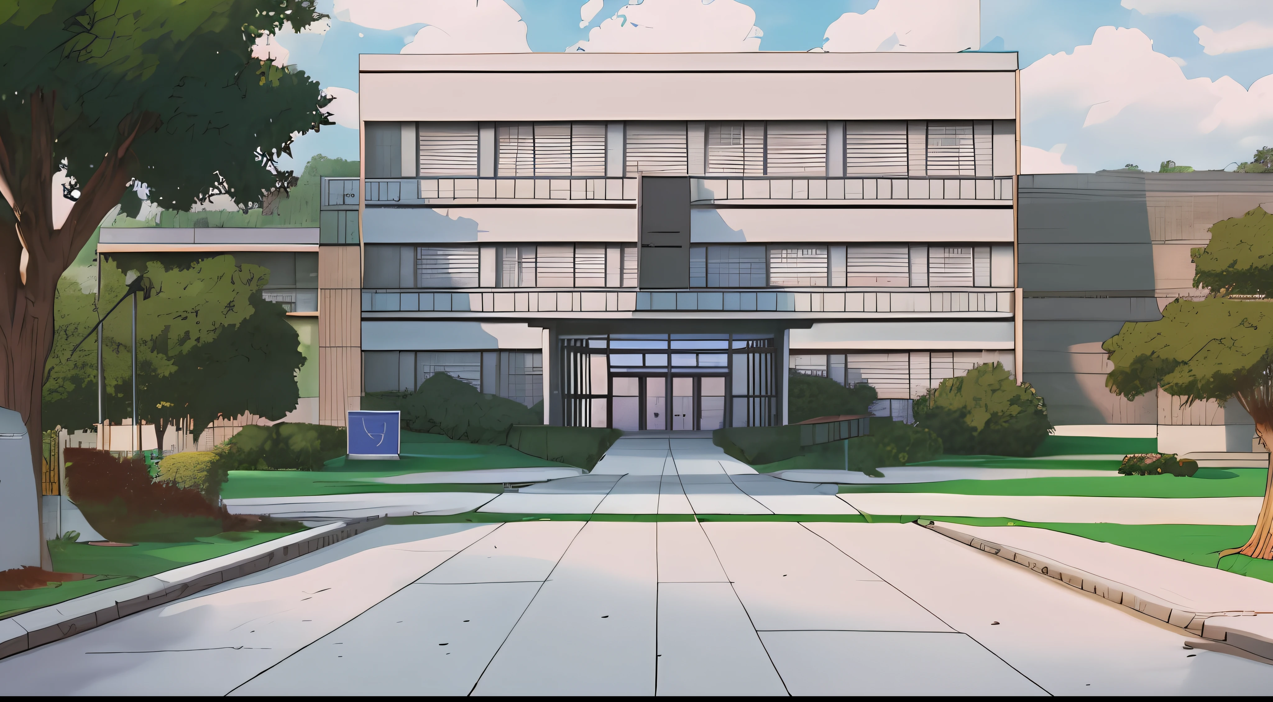 Anime scene of a building with a tree and a street - SeaArt AI