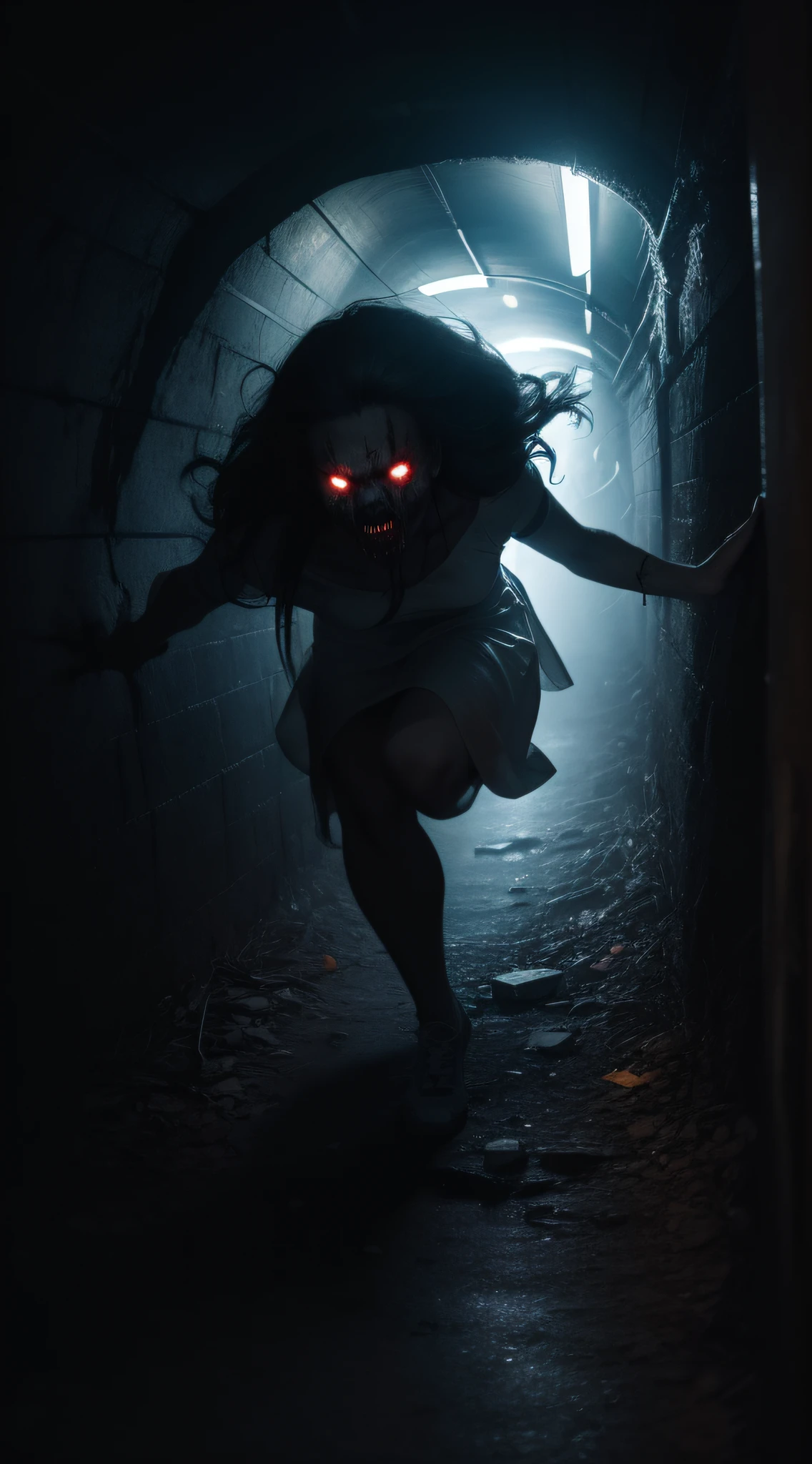 A woman in a white dress is running through a tunnel - SeaArt AI