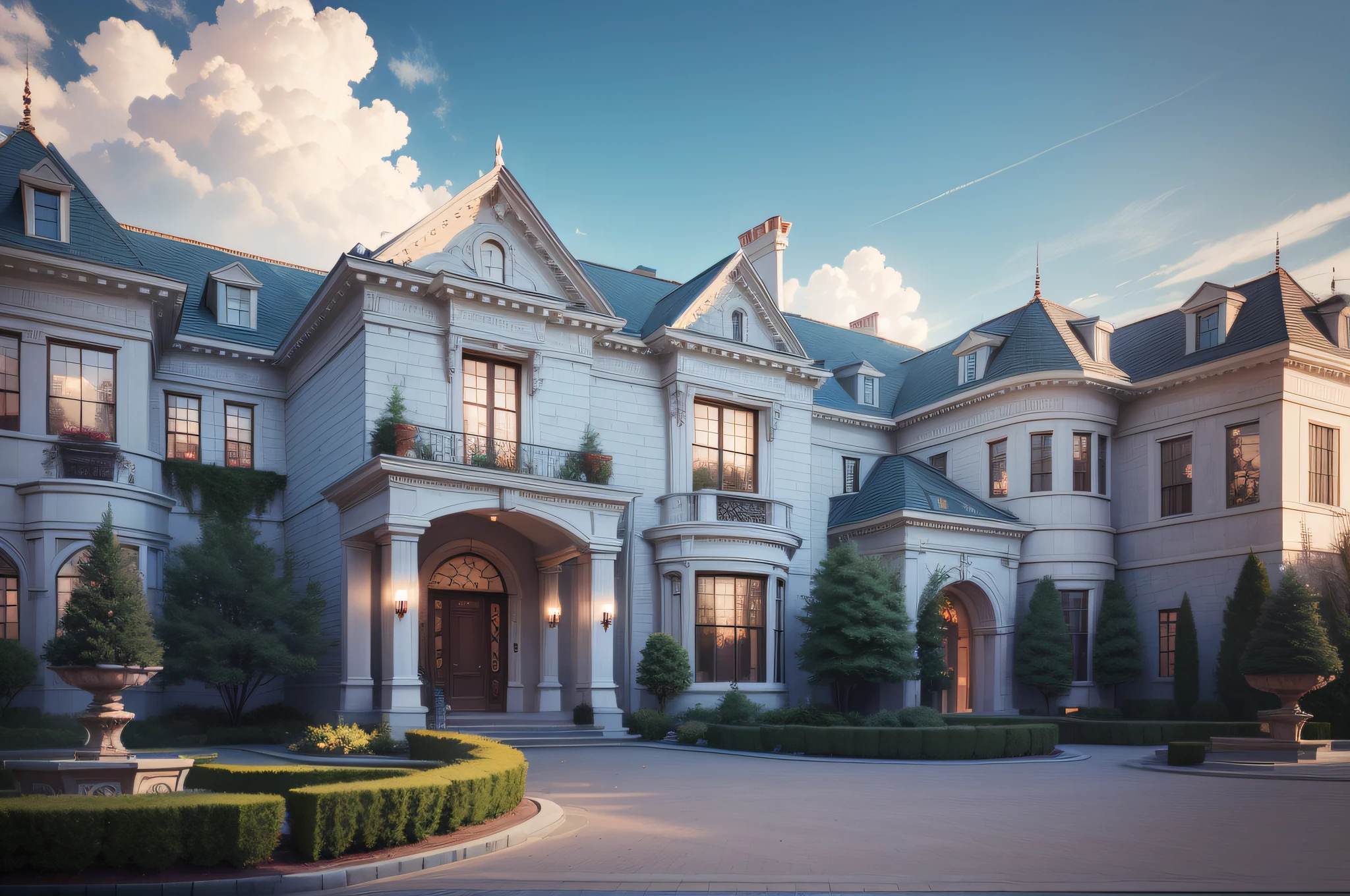 Arafed view of a large mansion with a fountain in front of it - SeaArt AI