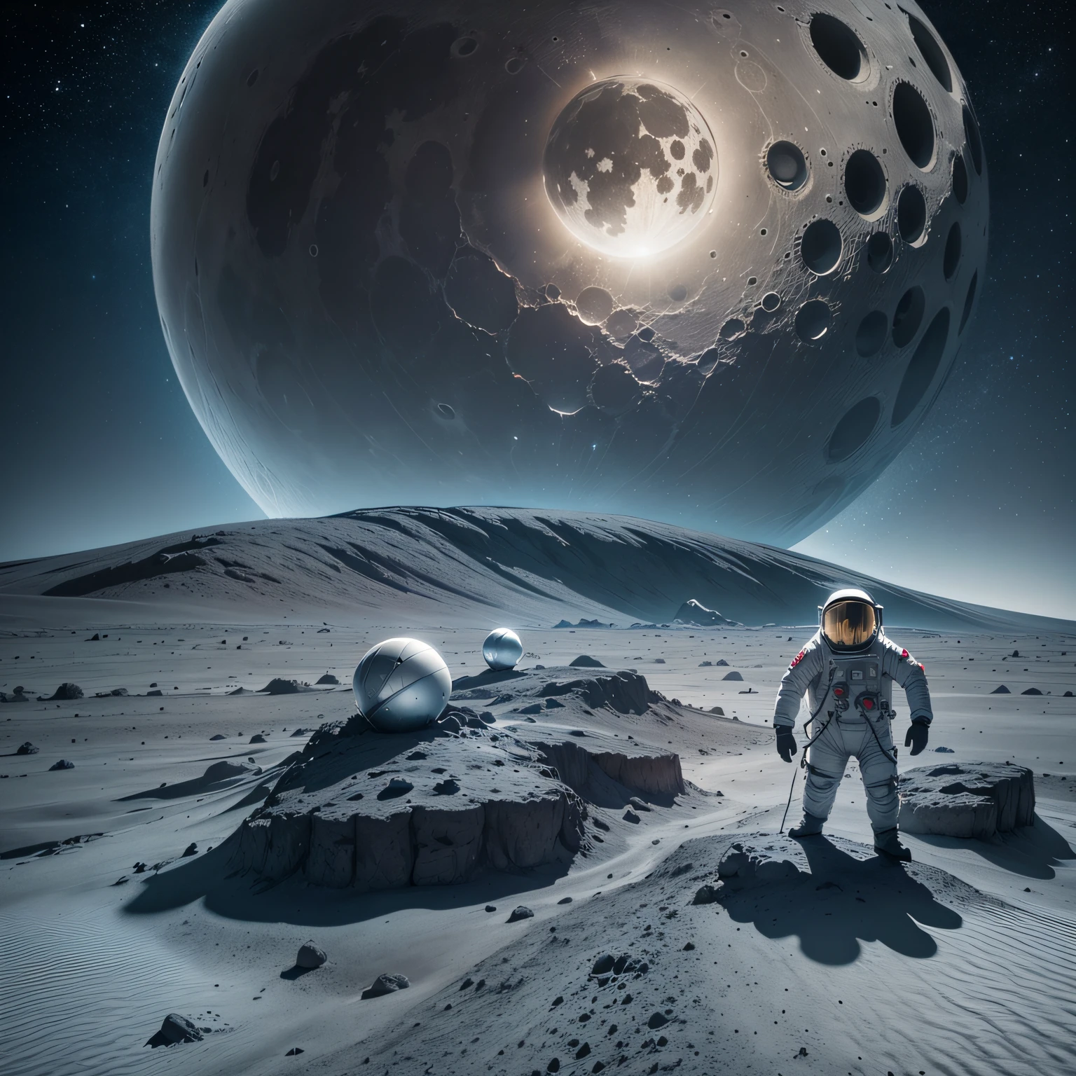 An astronaut standing on the moon with a planet in the background ...