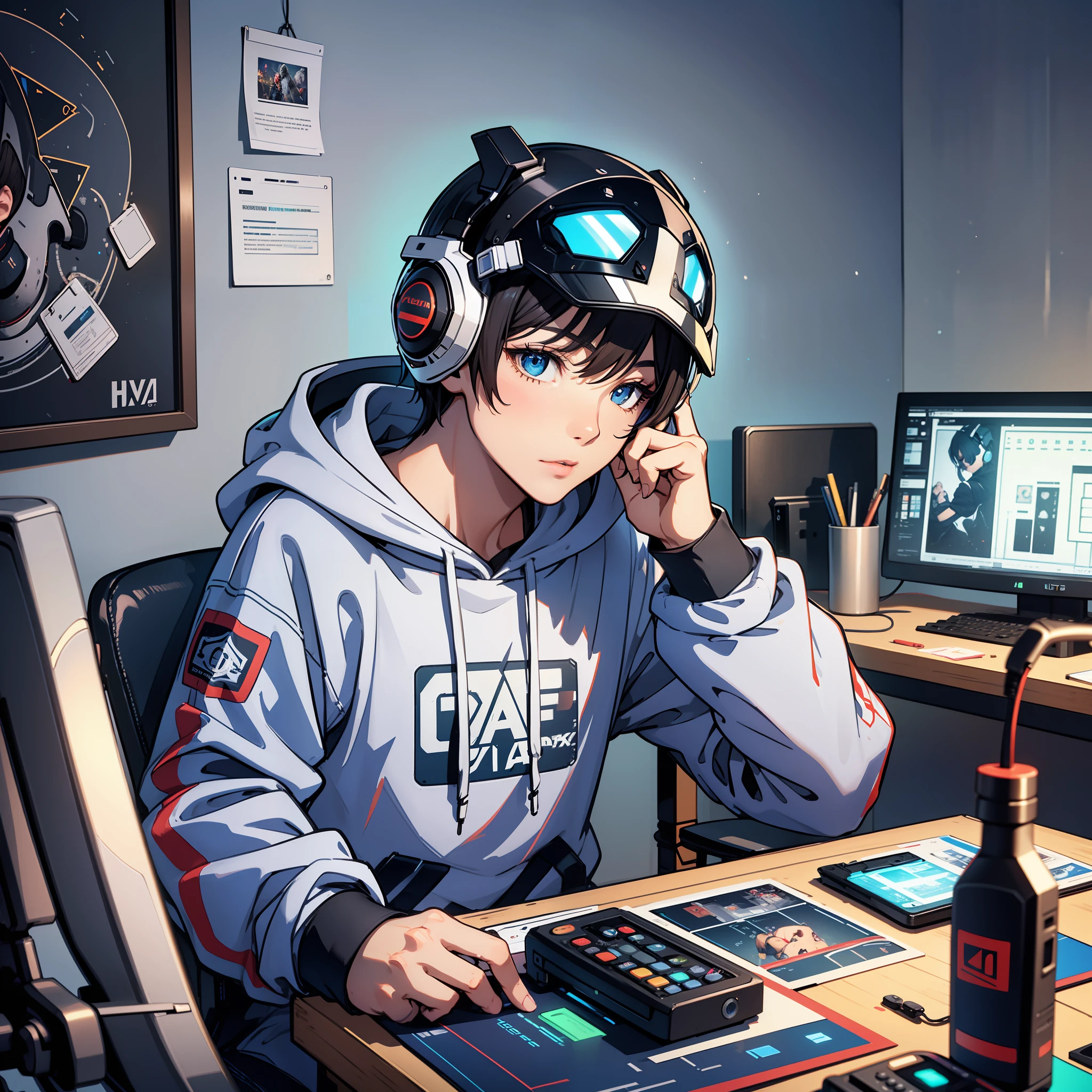 Anime guy in a hoodie sitting at a desk with a computer - SeaArt AI