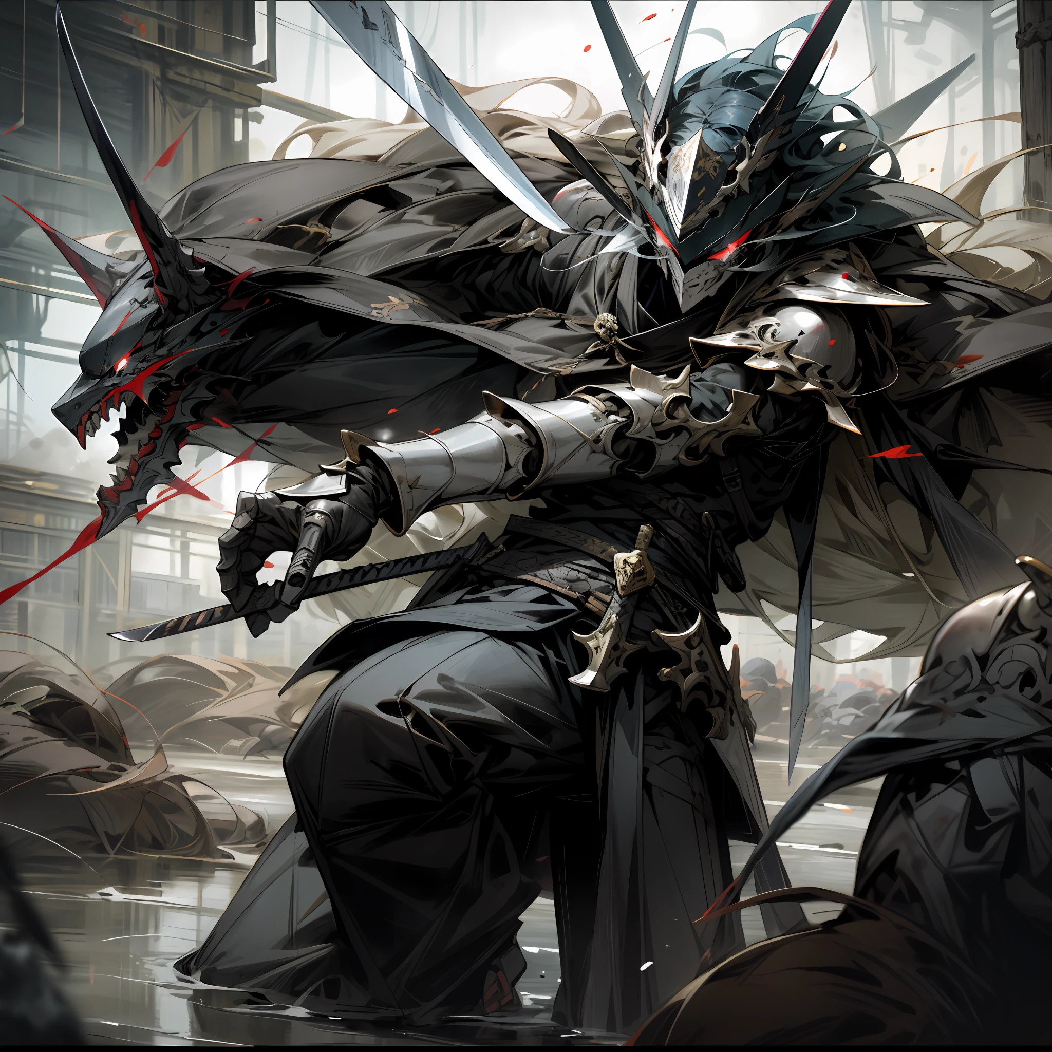 A close up of a person with a sword and a demon - SeaArt AI