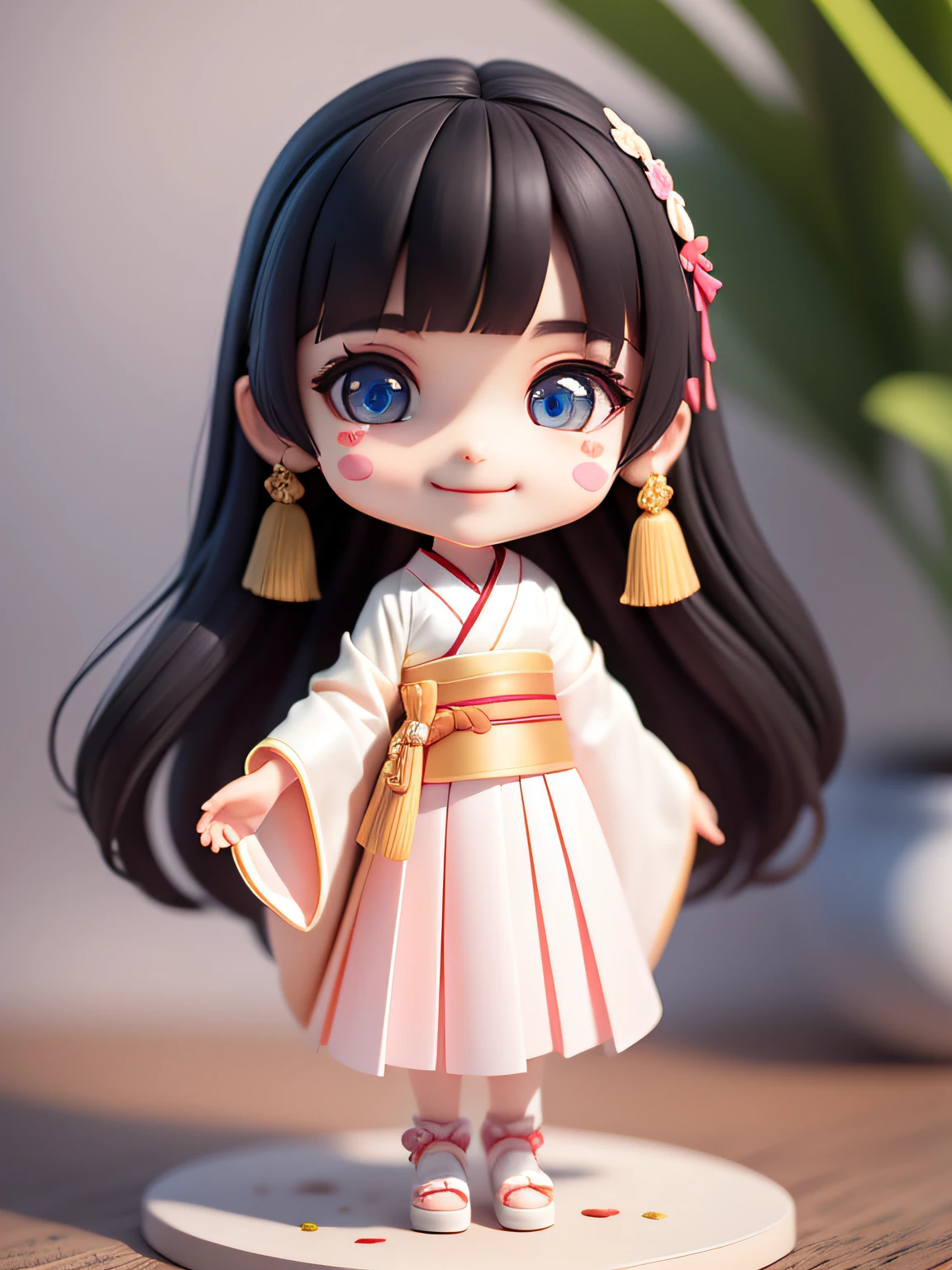 A close up of a doll with a dress and a flower in her hair - SeaArt AI