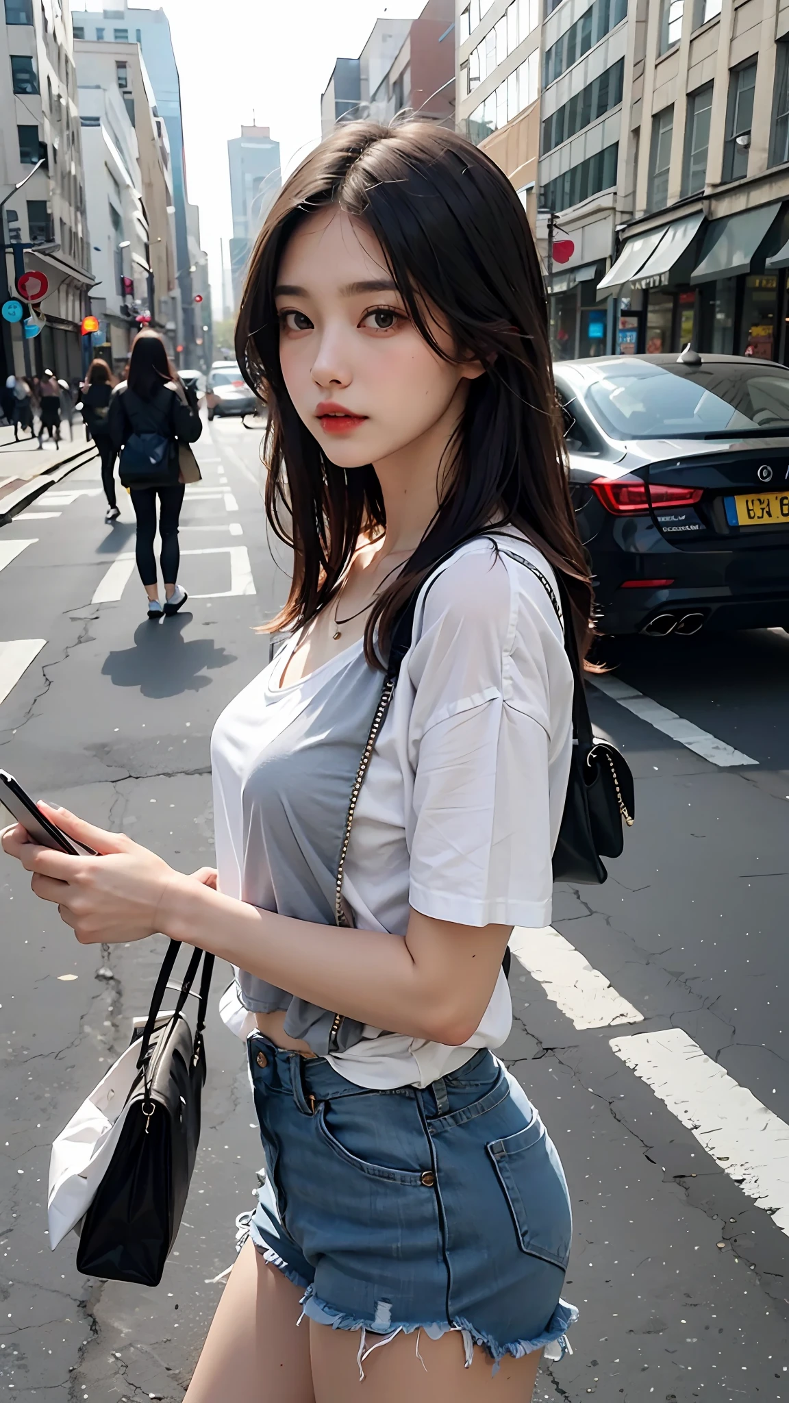 Araffe woman in a short skirt and white shirt standing on a street ...