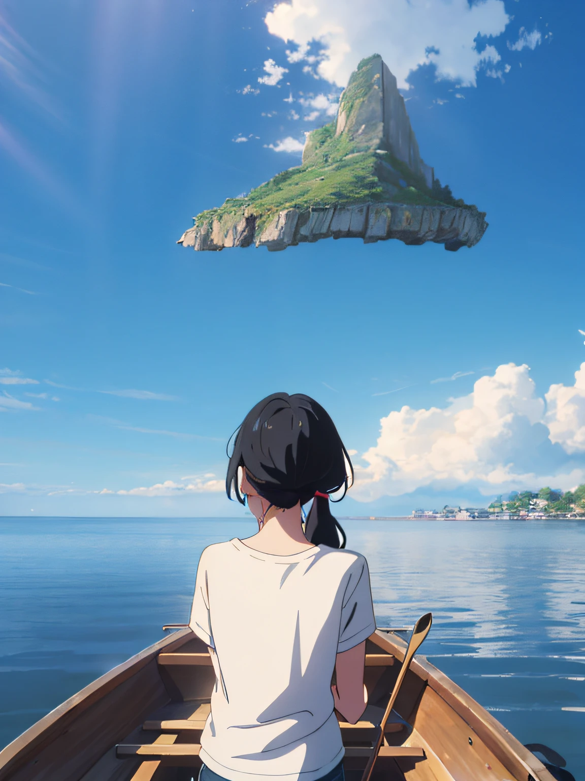 Anime girl in a boat looking at a floating island - SeaArt AI