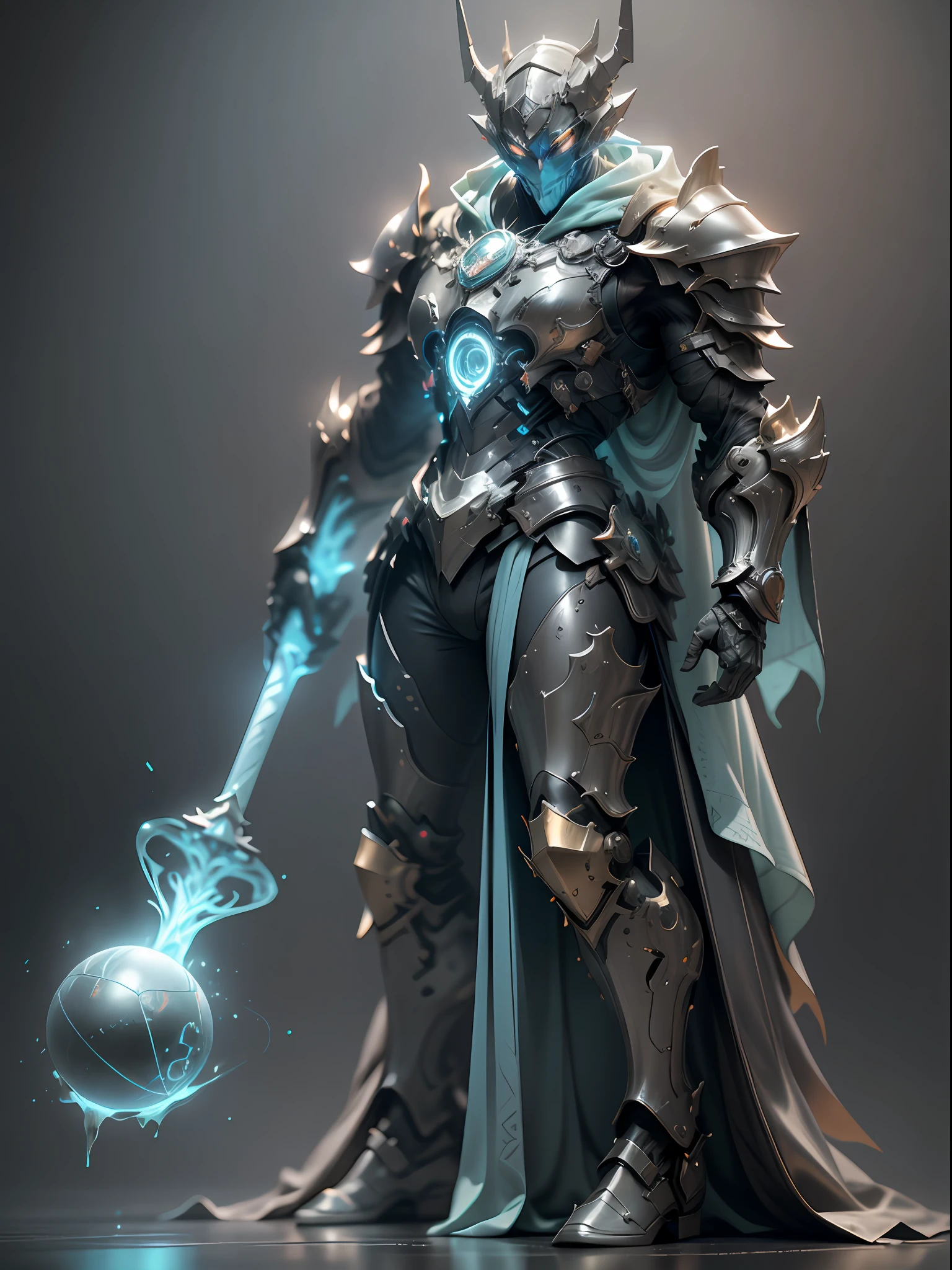 A man in armor holding a glowing ball and a sword - SeaArt AI