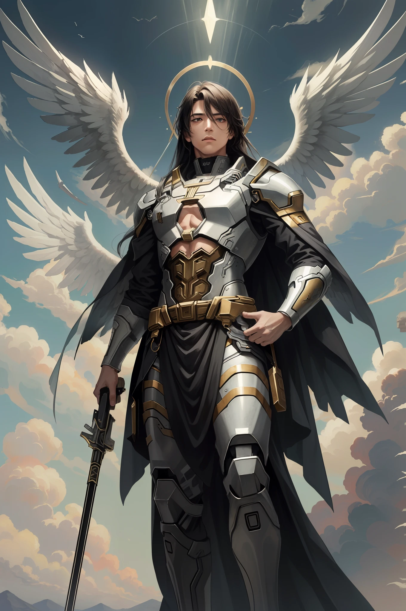 A man with wings and a sword standing in front of a sky - SeaArt AI