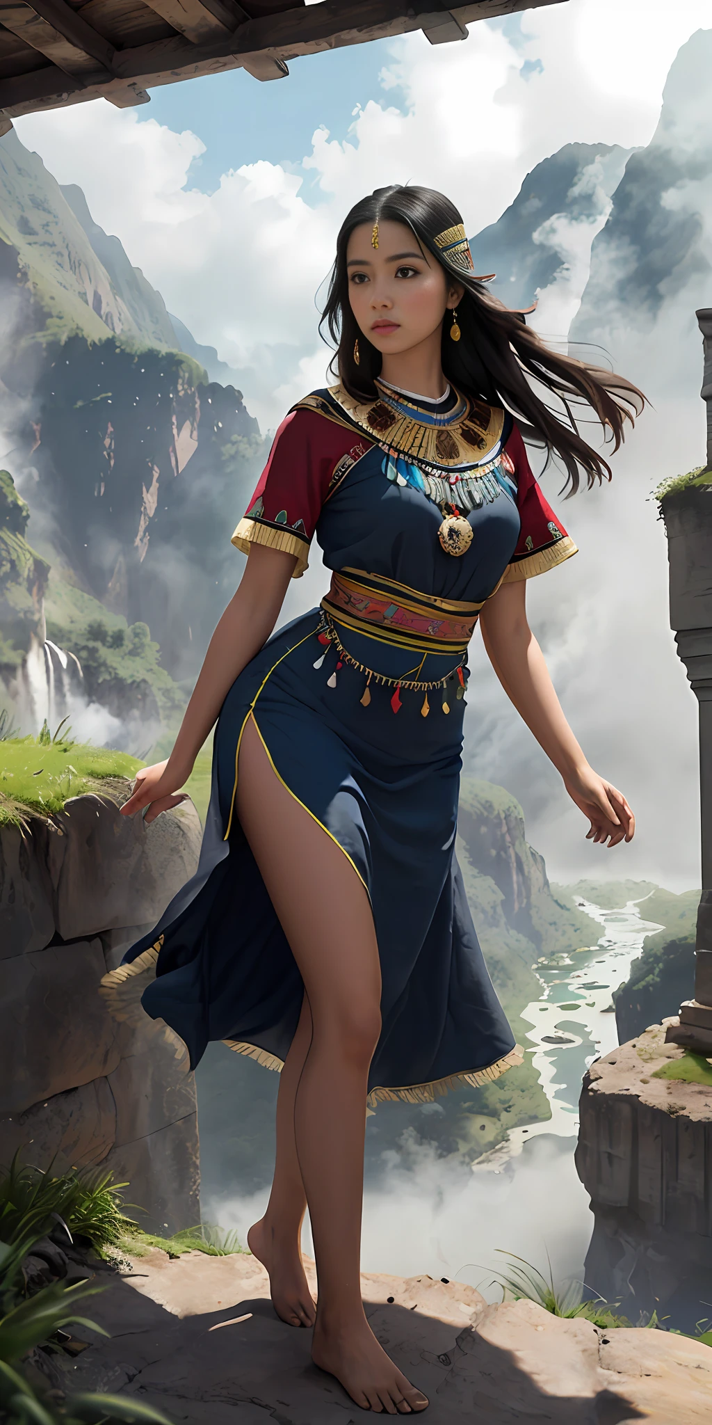 A woman in a blue dress standing on a rock near a waterfall - SeaArt AI