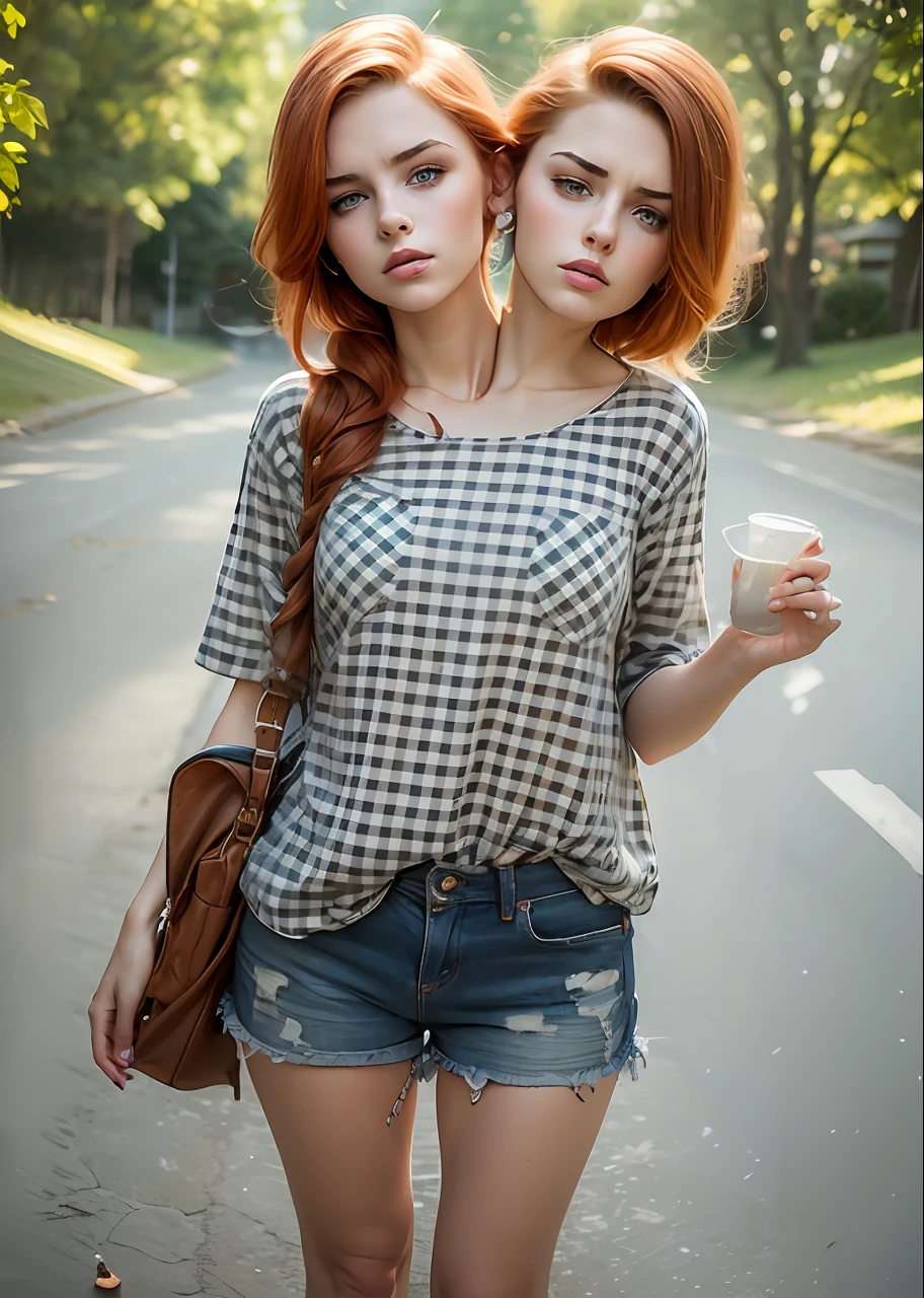 Two women standing on a street with a coffee cup in their hand - SeaArt AI