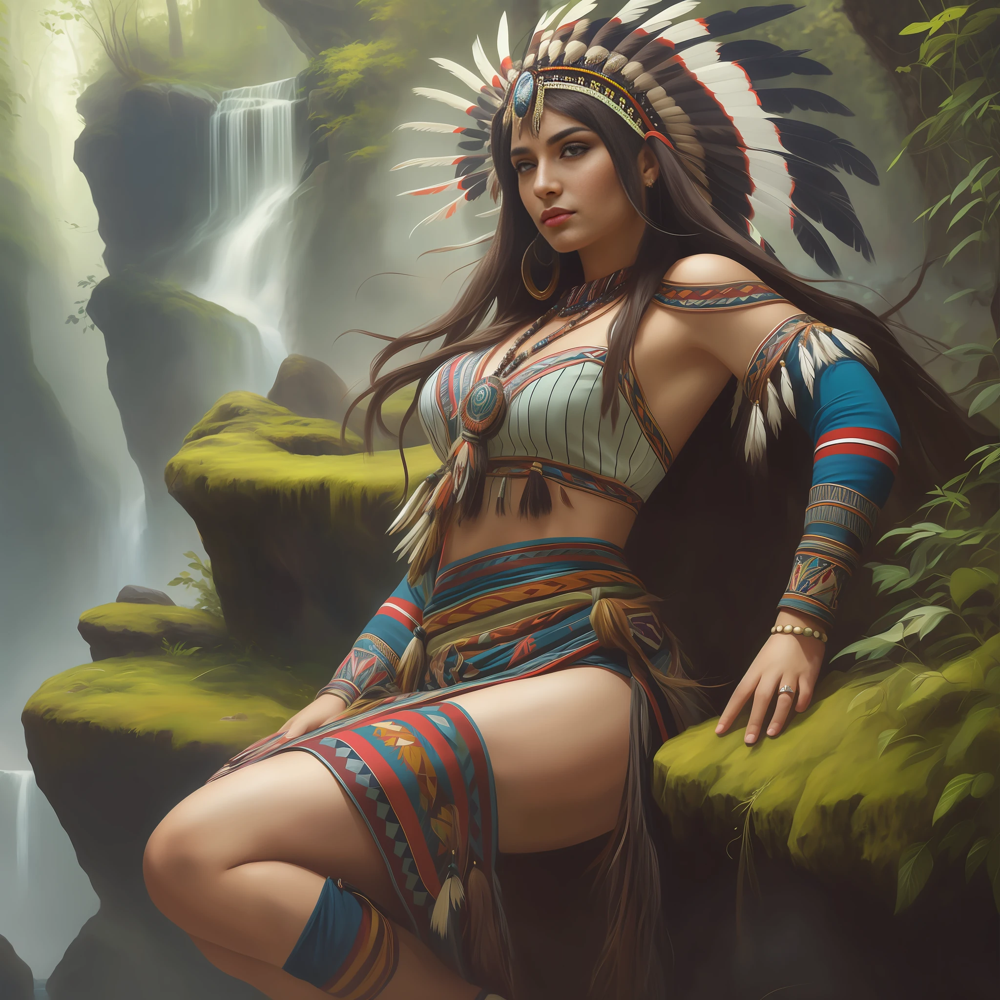 A painting of a woman in native clothing sitting on a rock - SeaArt AI