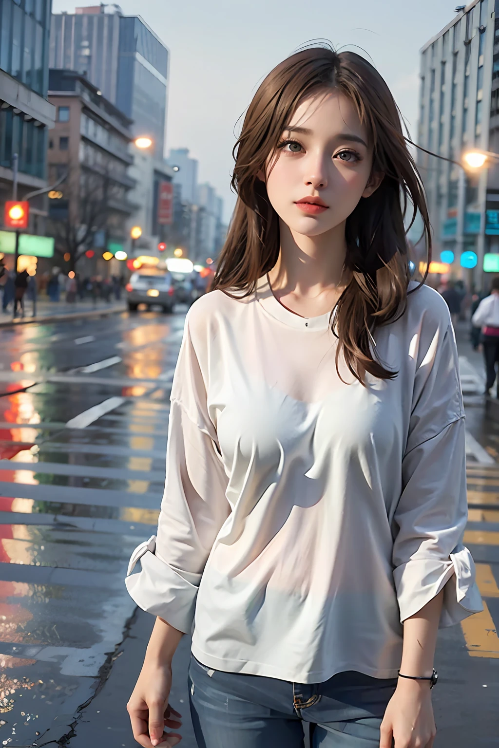 Araffe woman standing on a wet street corner in the rain - SeaArt AI