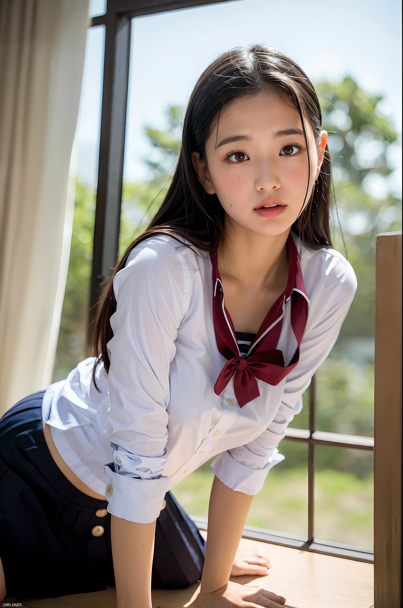 Arafed asian woman in a white shirt and red tie posing for a picture - SeaArt AI