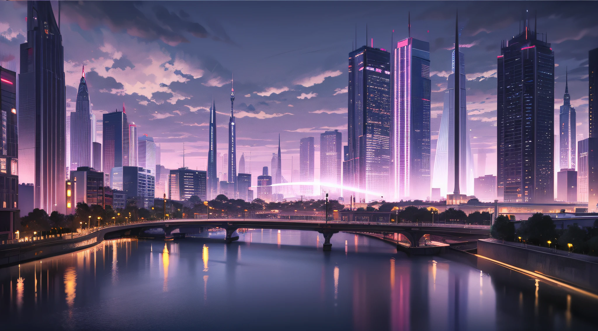 Anime city skyline with a bridge and a river at night - SeaArt AI