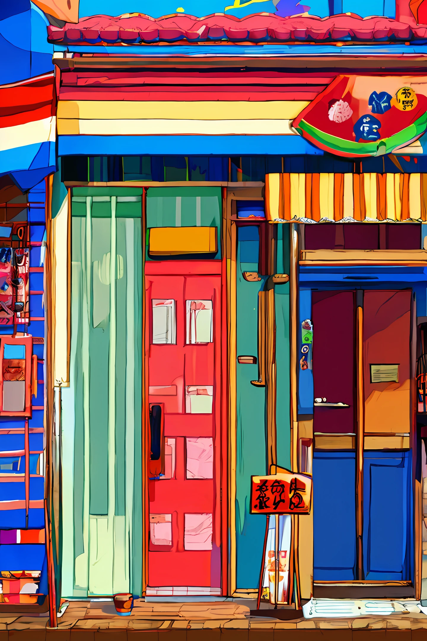 Brightly colored storefront with a red door and a blue awning - SeaArt AI
