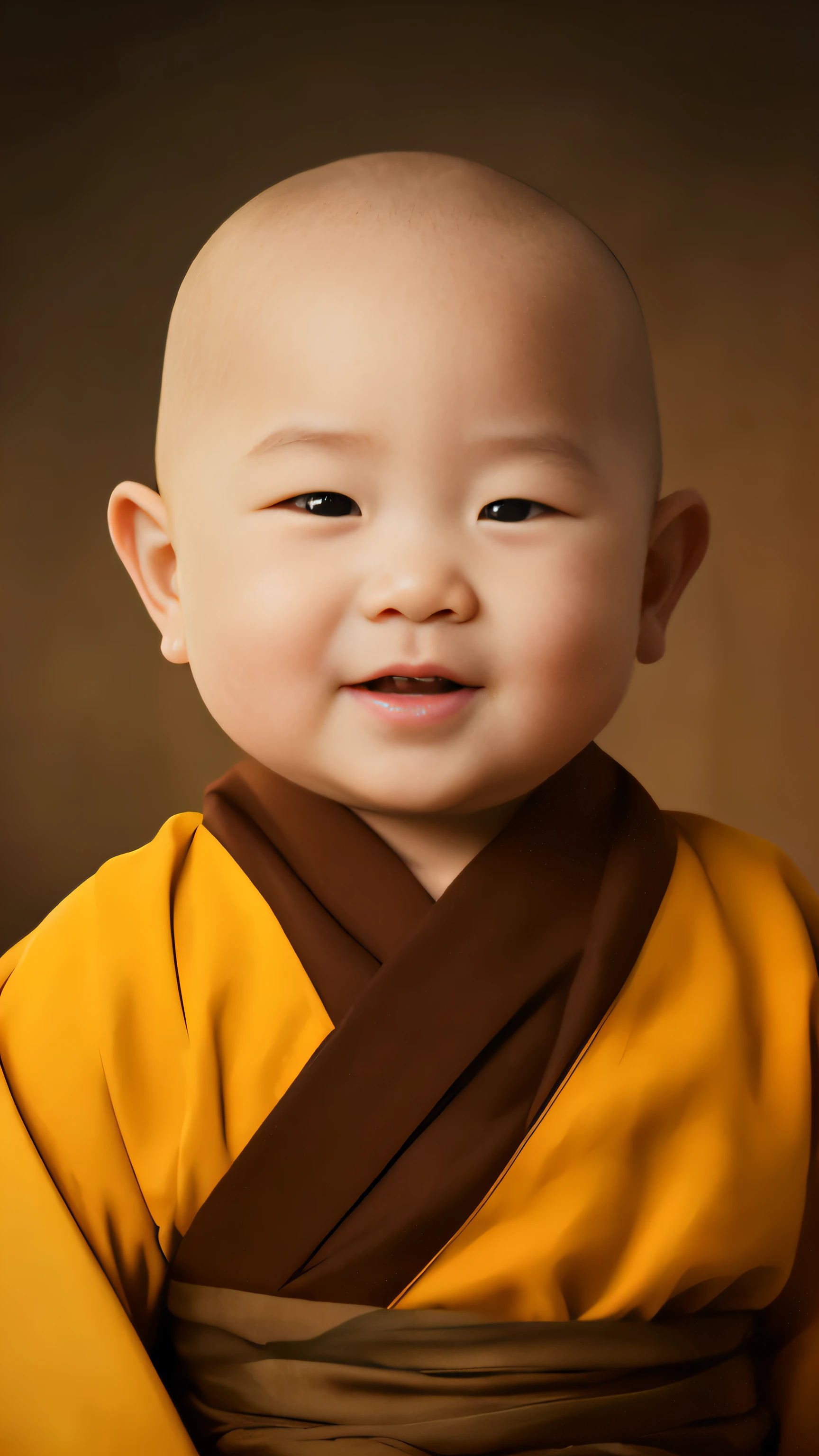 A close up of a baby in a monk robe smiling - SeaArt AI