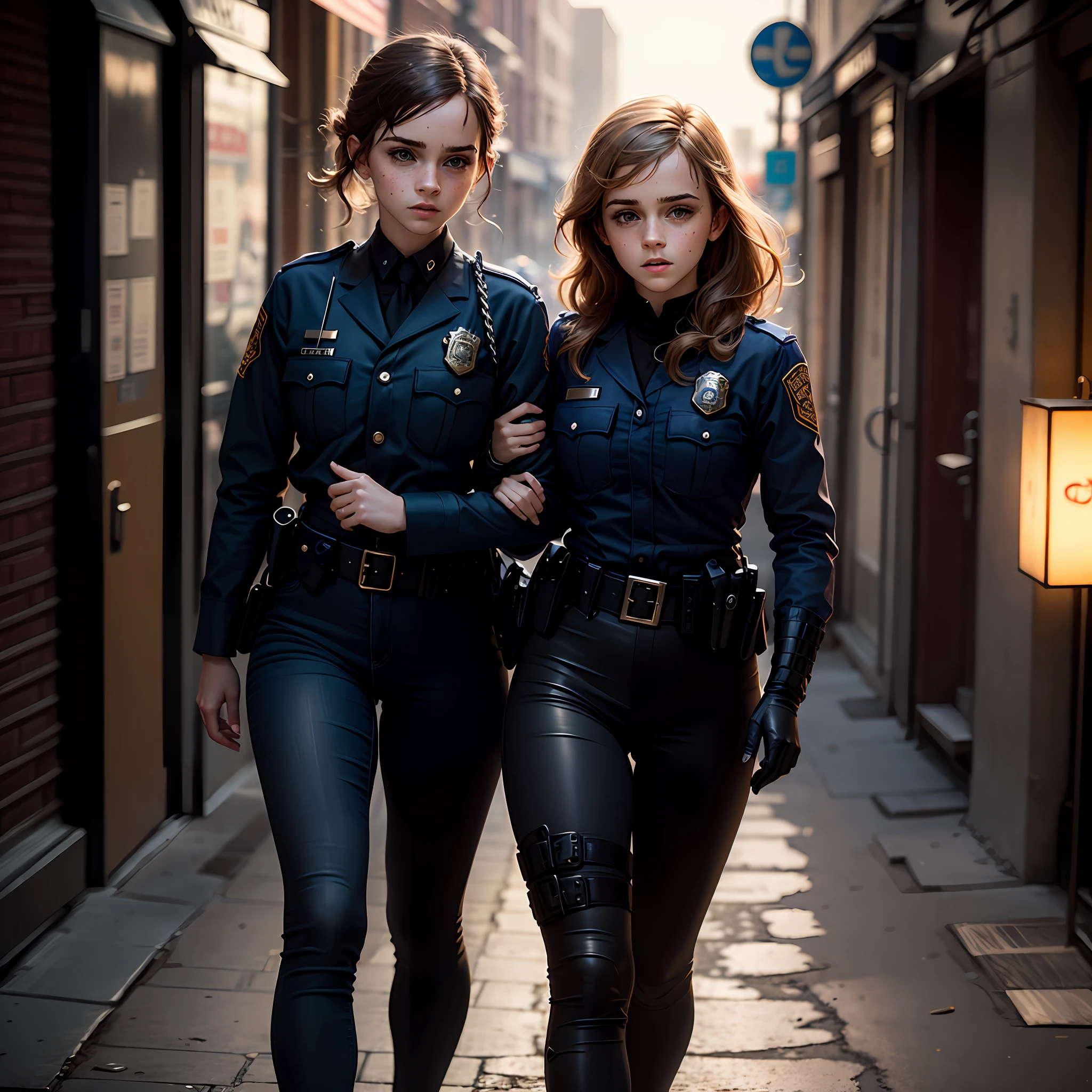 Two women in police uniforms walking down a narrow alley - SeaArt AI