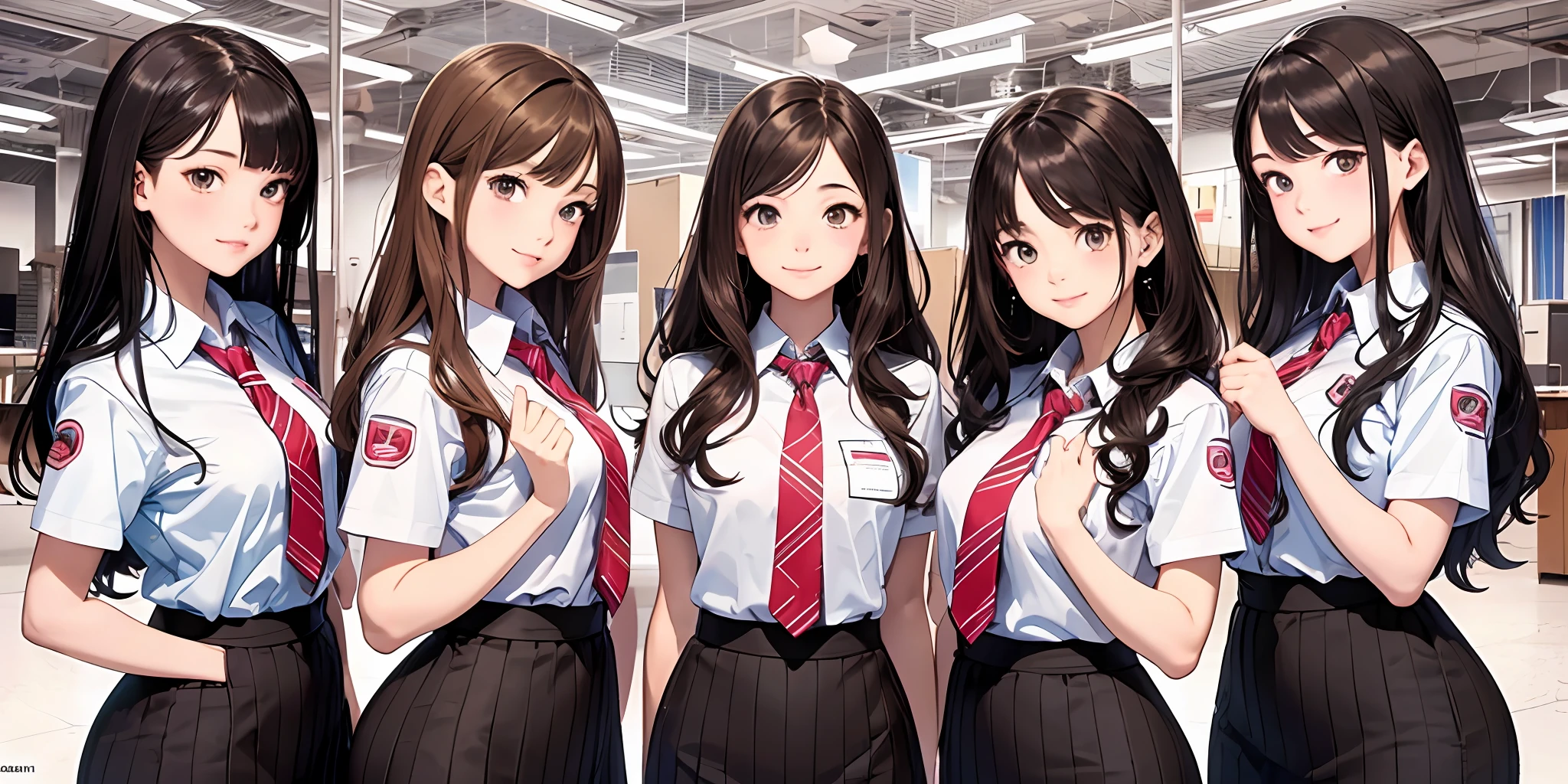 Anime girls in uniform posing for a picture in a large room - SeaArt AI