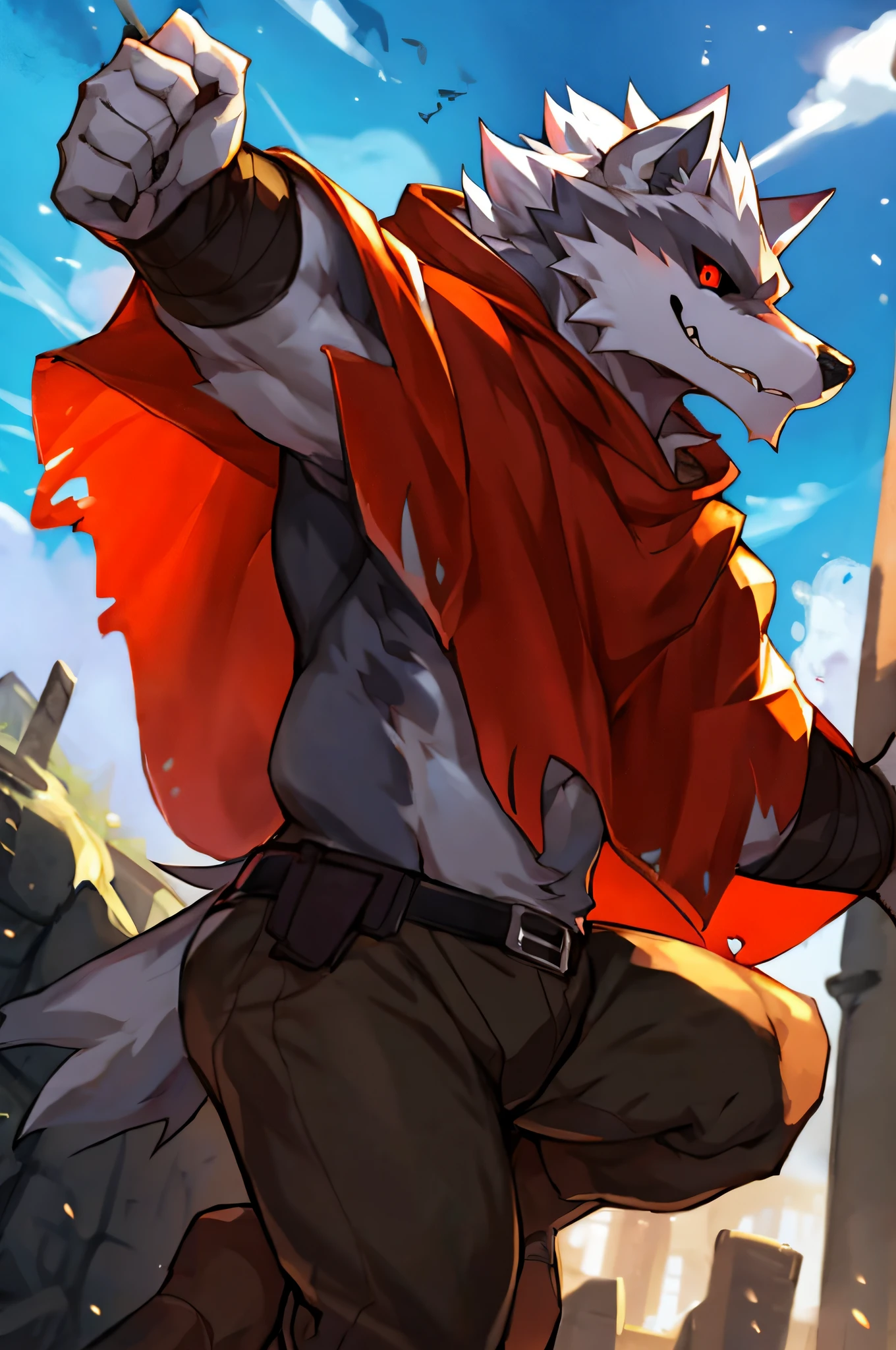 A cartoon picture of a wolf with a cape on and a sword in his hand ...