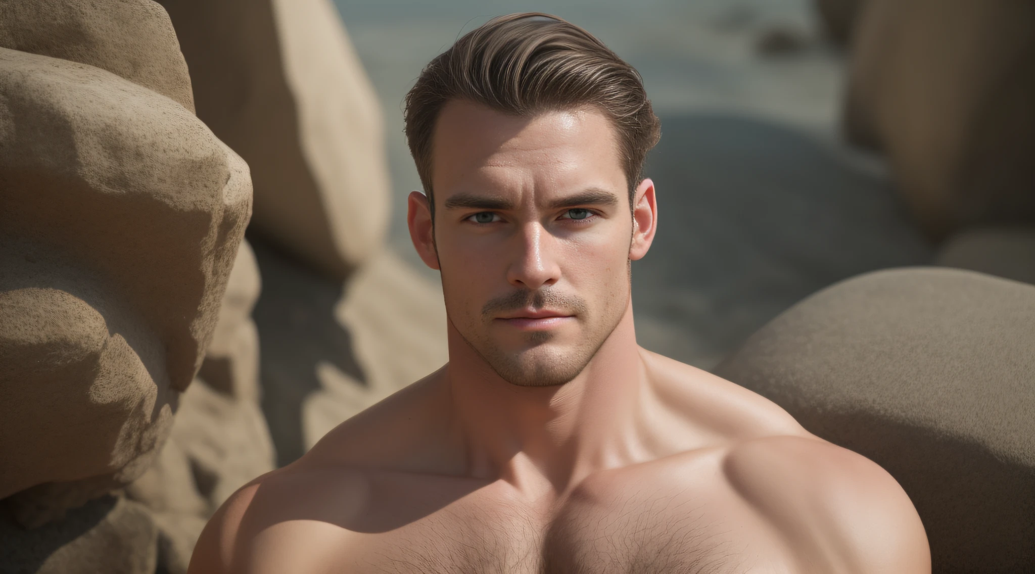 A close up of a man with a shirtless body standing in front of rocks ...