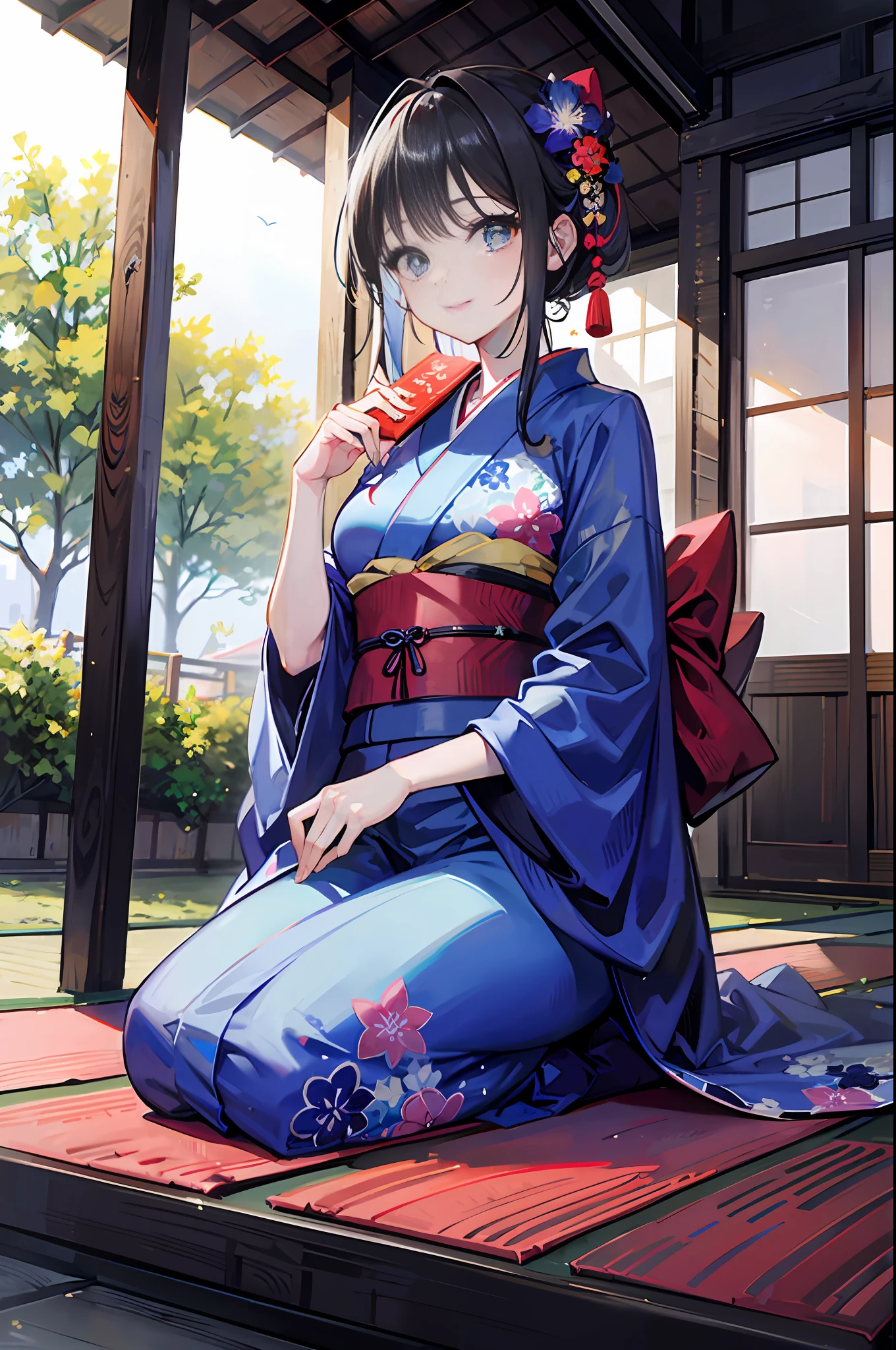 Anime girl in blue kimono sitting on a red mat - SeaArt AI