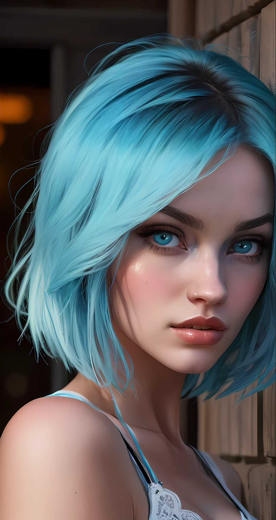 A woman with blue hair and a white bra top posing for a picture - SeaArt AI