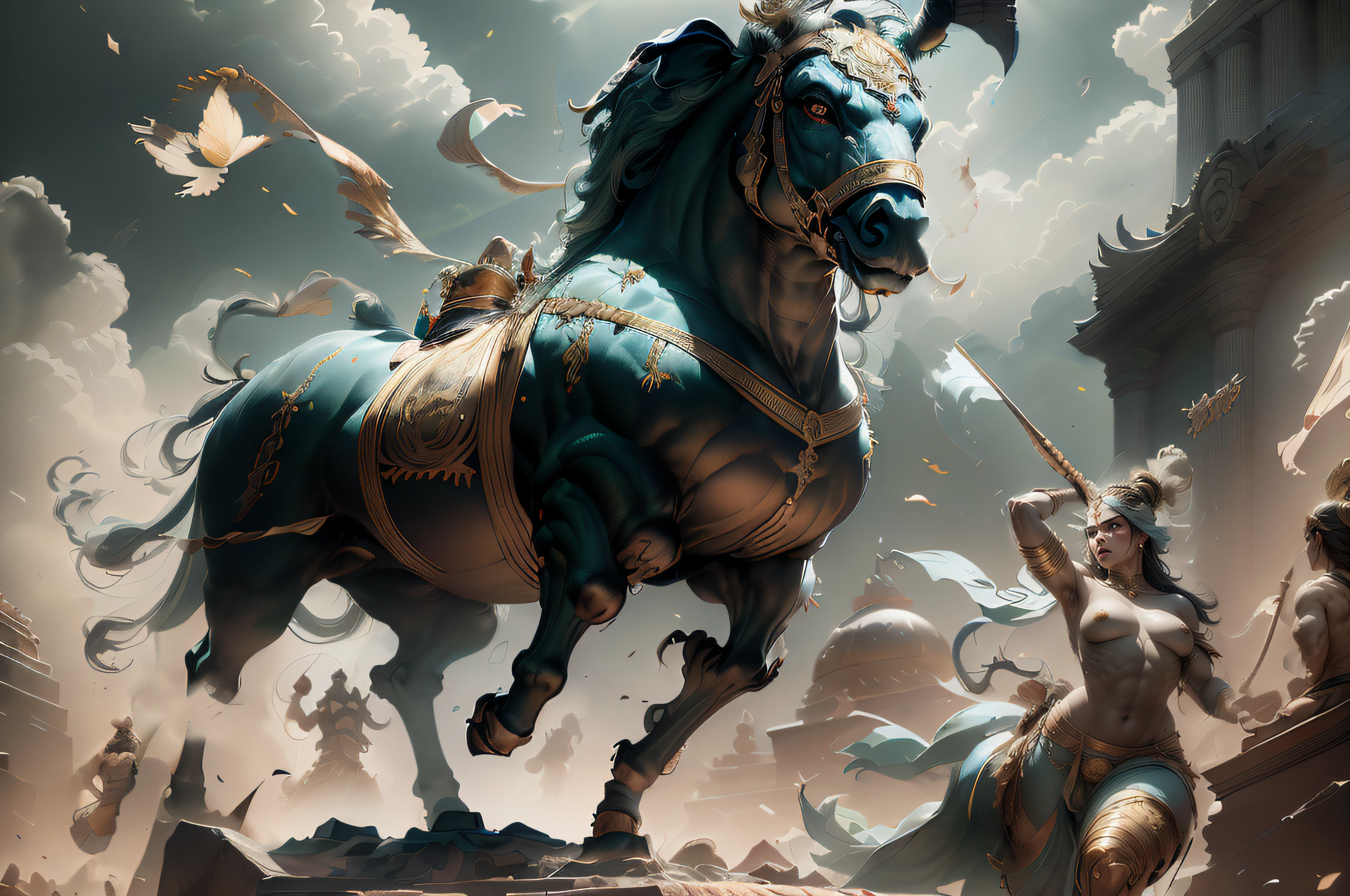 There is a horse that is standing on a pedestal with a woman - SeaArt AI