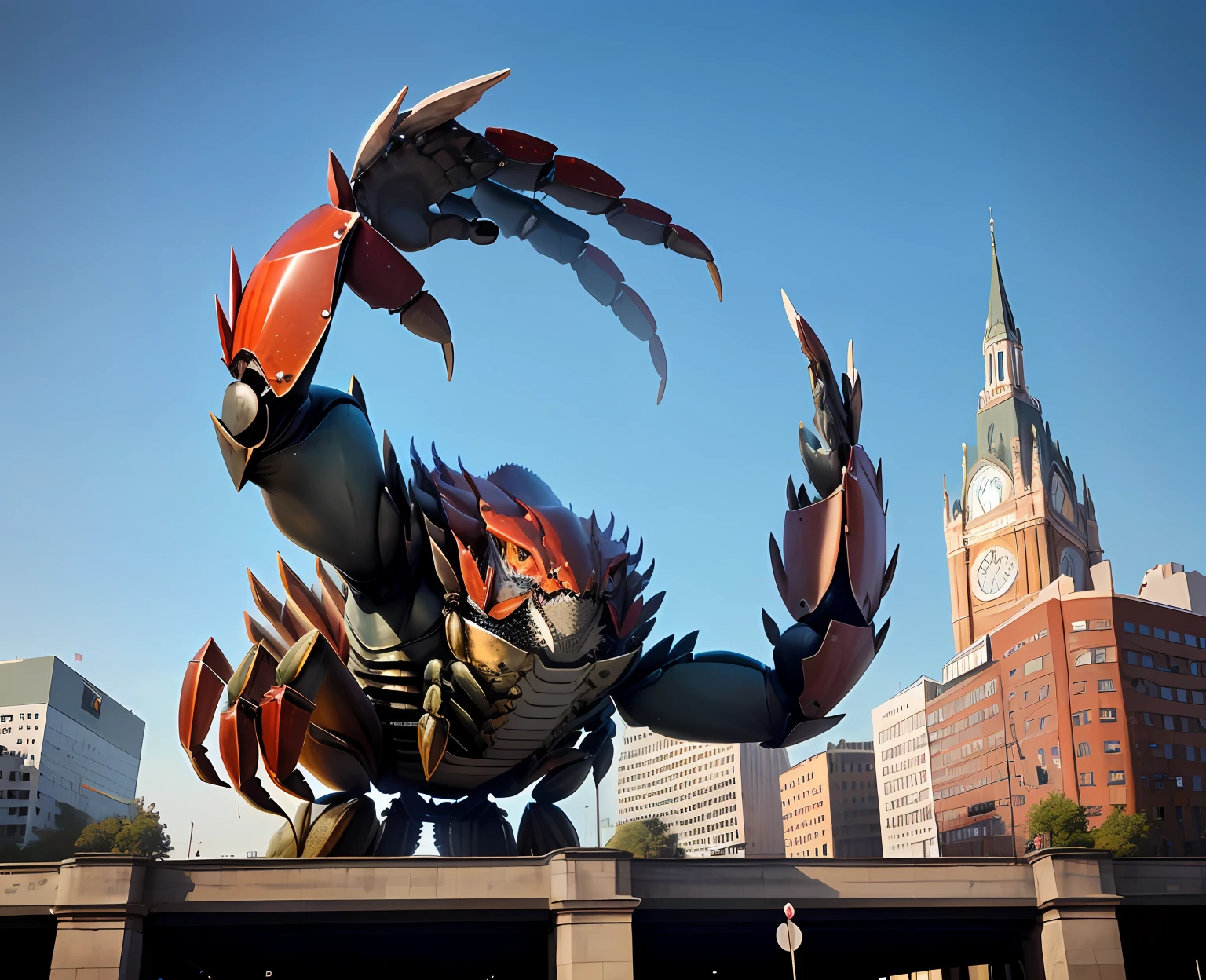 There is a giant crab statue in the middle of a city - SeaArt AI