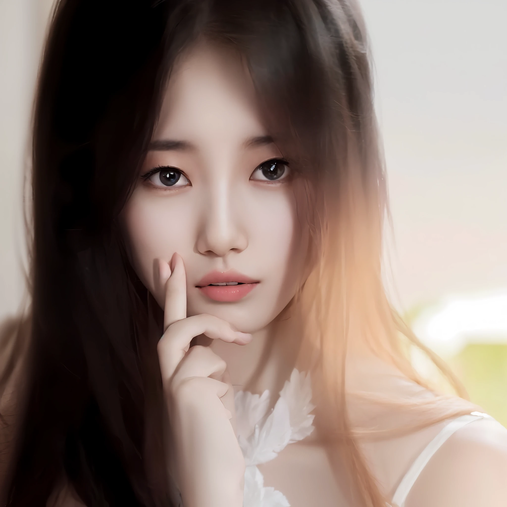 A close up of a woman with long hair and a white dress - SeaArt AI