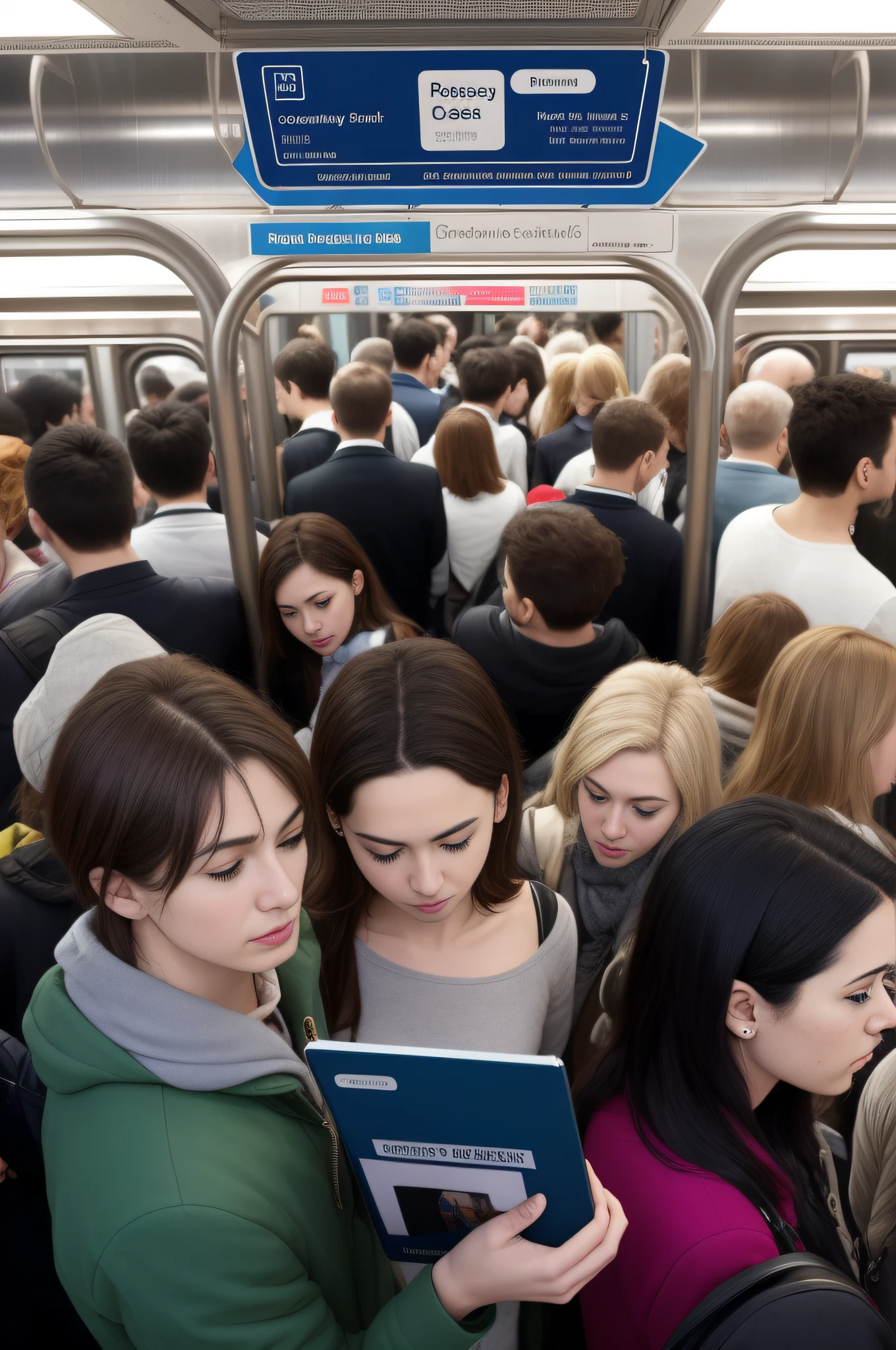 People standing in a subway train with a book in their hands - SeaArt AI