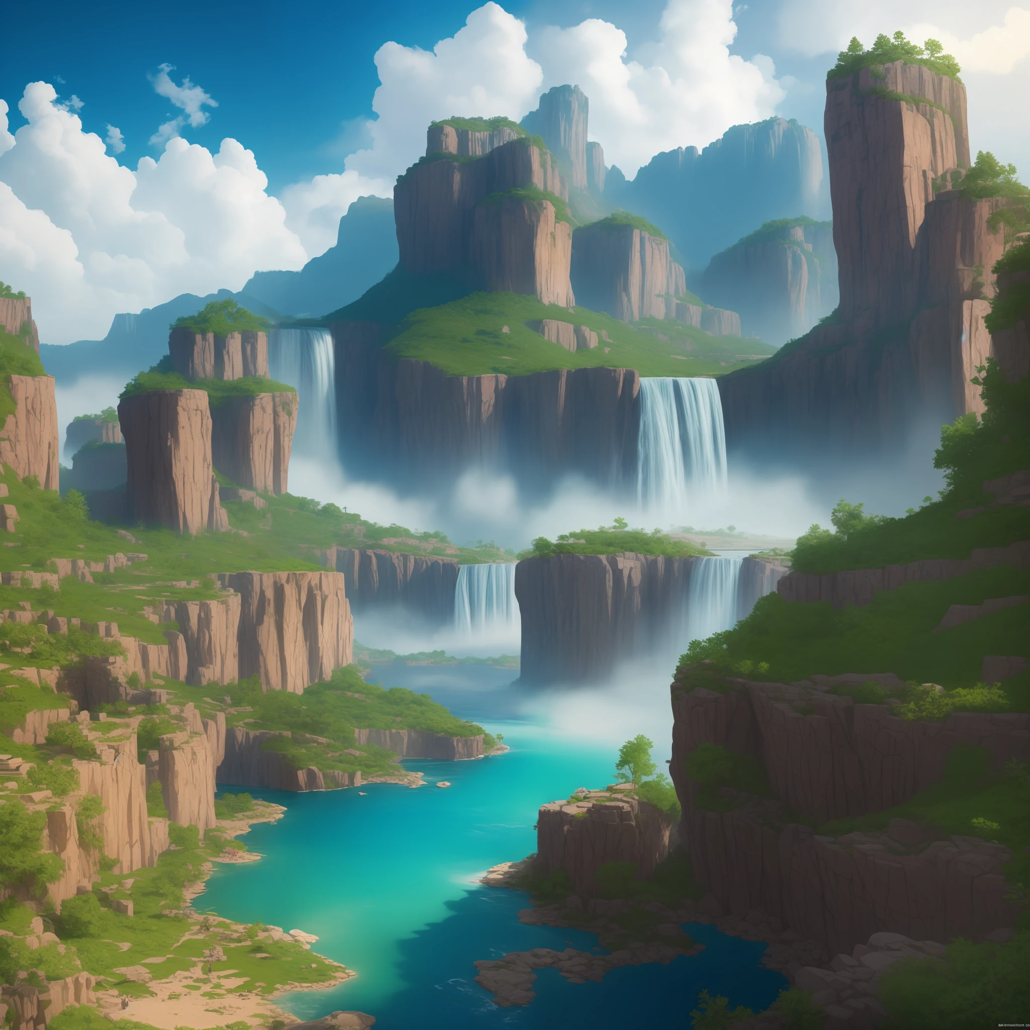 A painting of a waterfall in a mountain with a blue lake - SeaArt AI