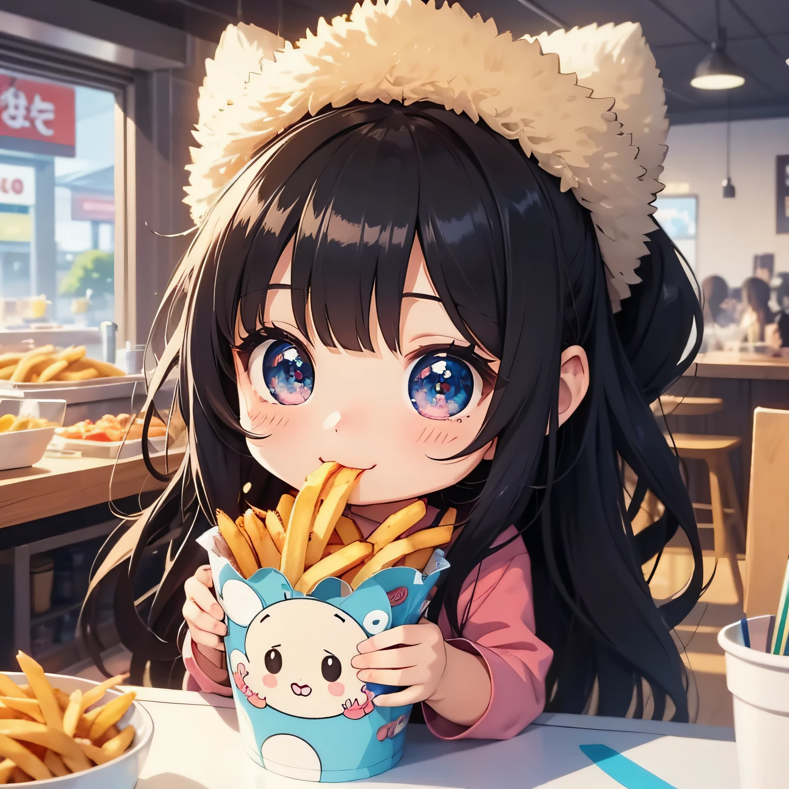 Anime girl eating french fries and holding a cup of coffee - SeaArt AI