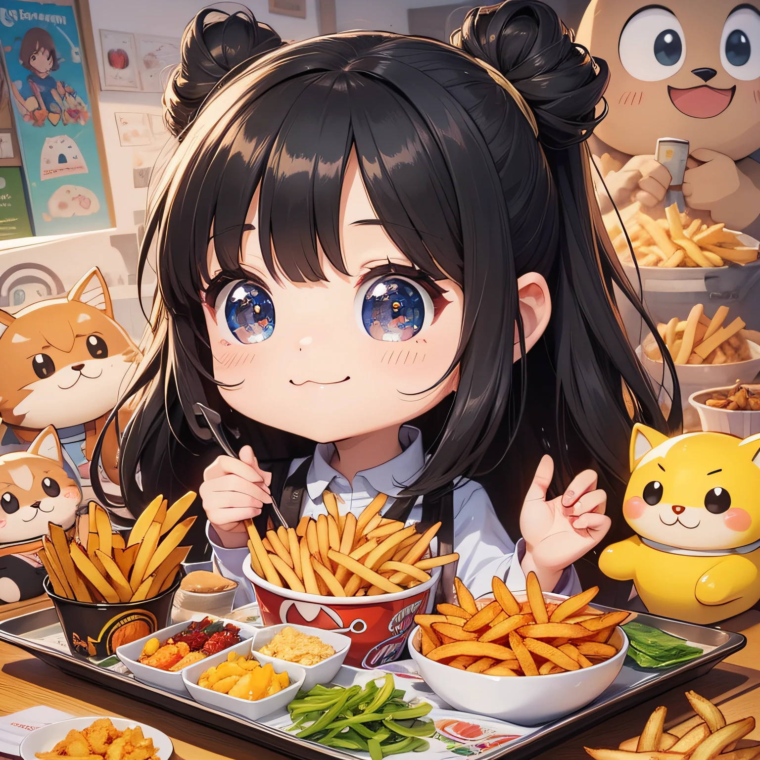 Anime girl with a tray of french fries and a cat - SeaArt AI