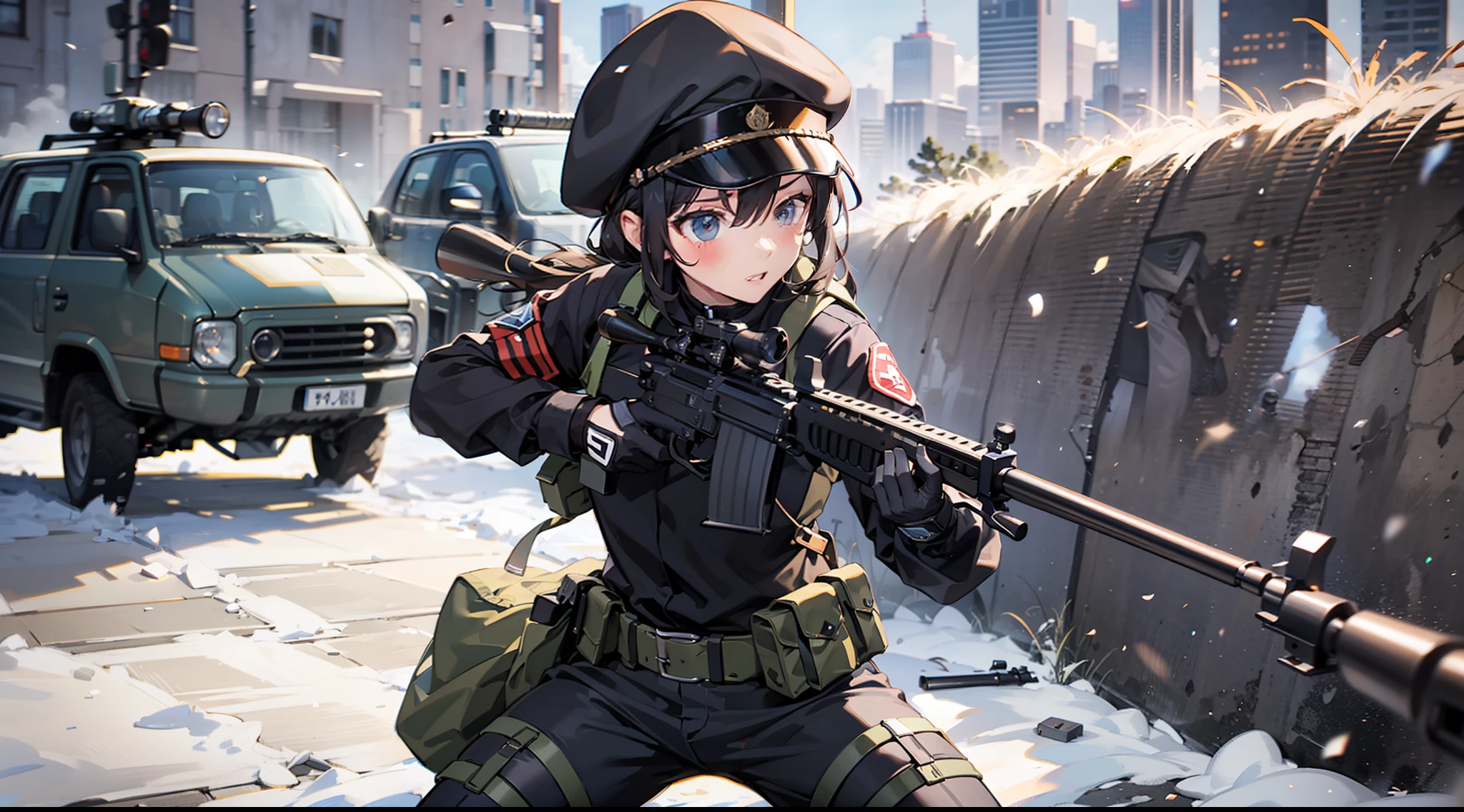 Anime girl with rifle in the snow with a city in the background - SeaArt AI