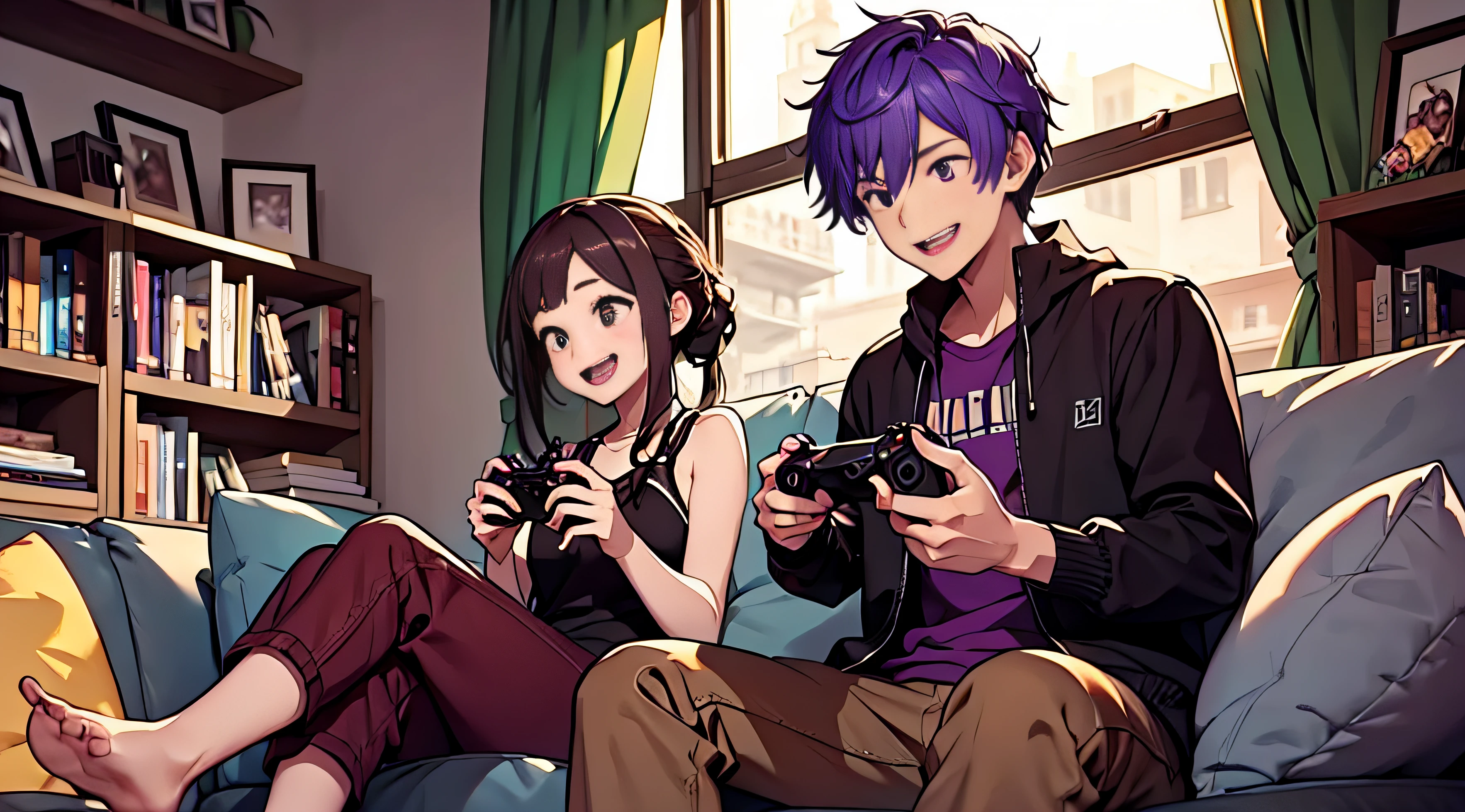 Anime couple sitting on a couch playing video games together - SeaArt AI