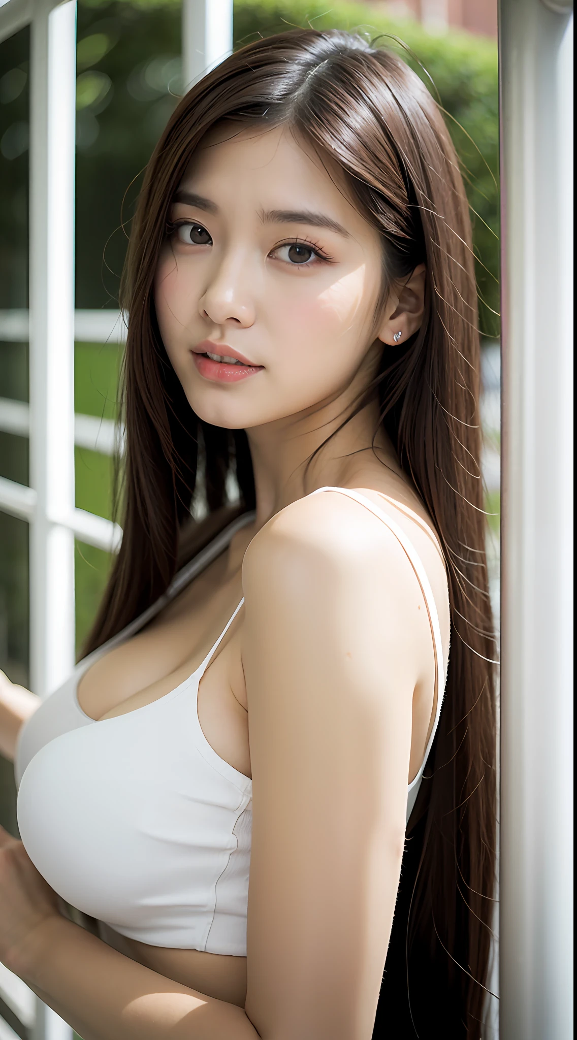 Arafed asian woman in white top leaning against a window - SeaArt AI