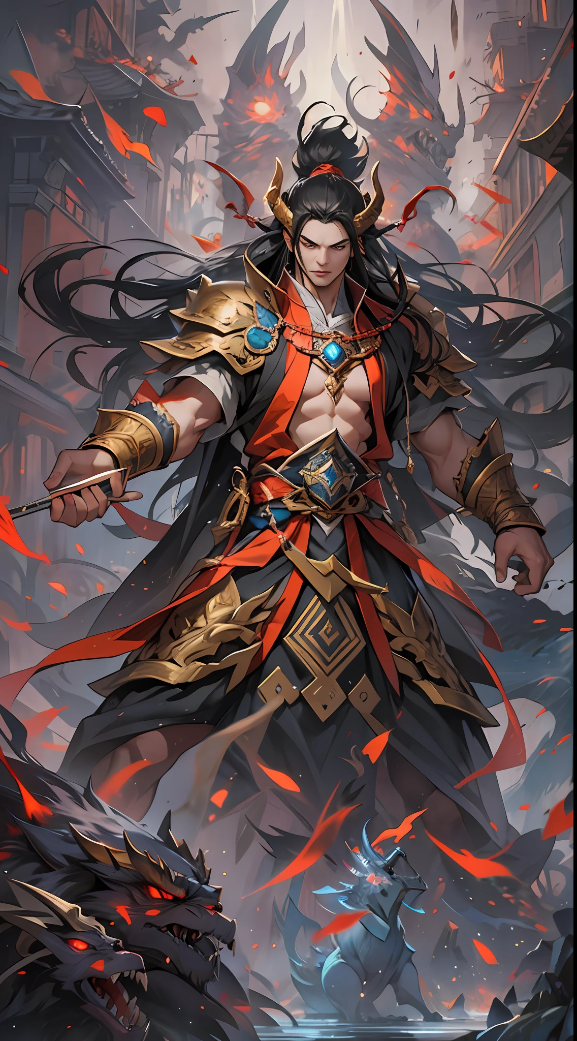 A man in armor with a sword and a dragon - SeaArt AI