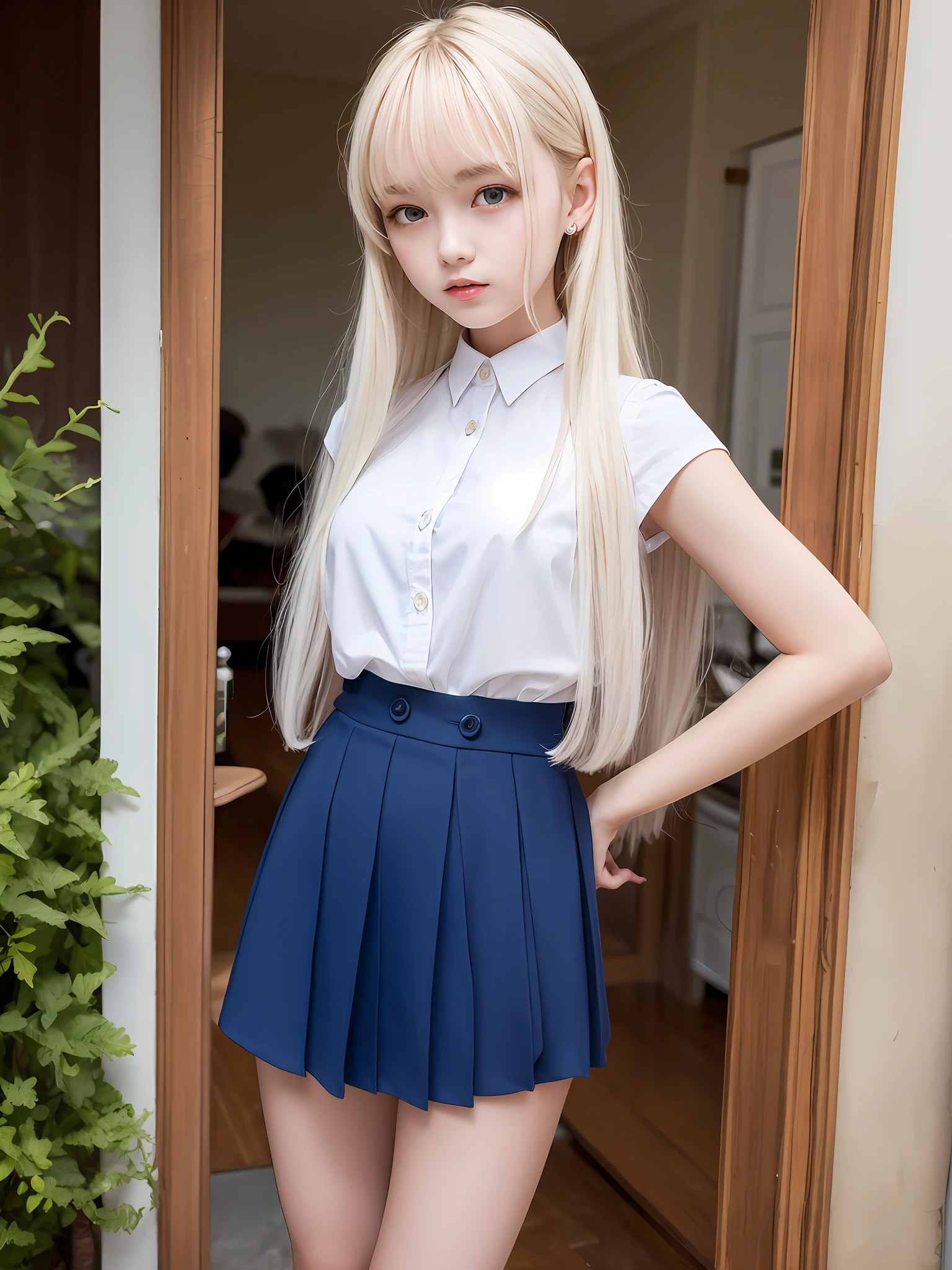 A woman in a skirt and shirt posing for a picture - SeaArt AI