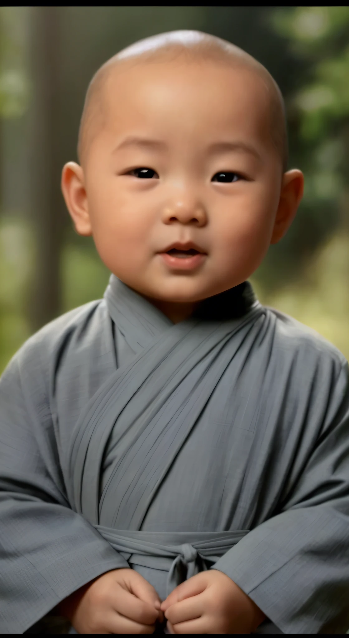 A close up of a baby in a gray robe with a smile - SeaArt AI