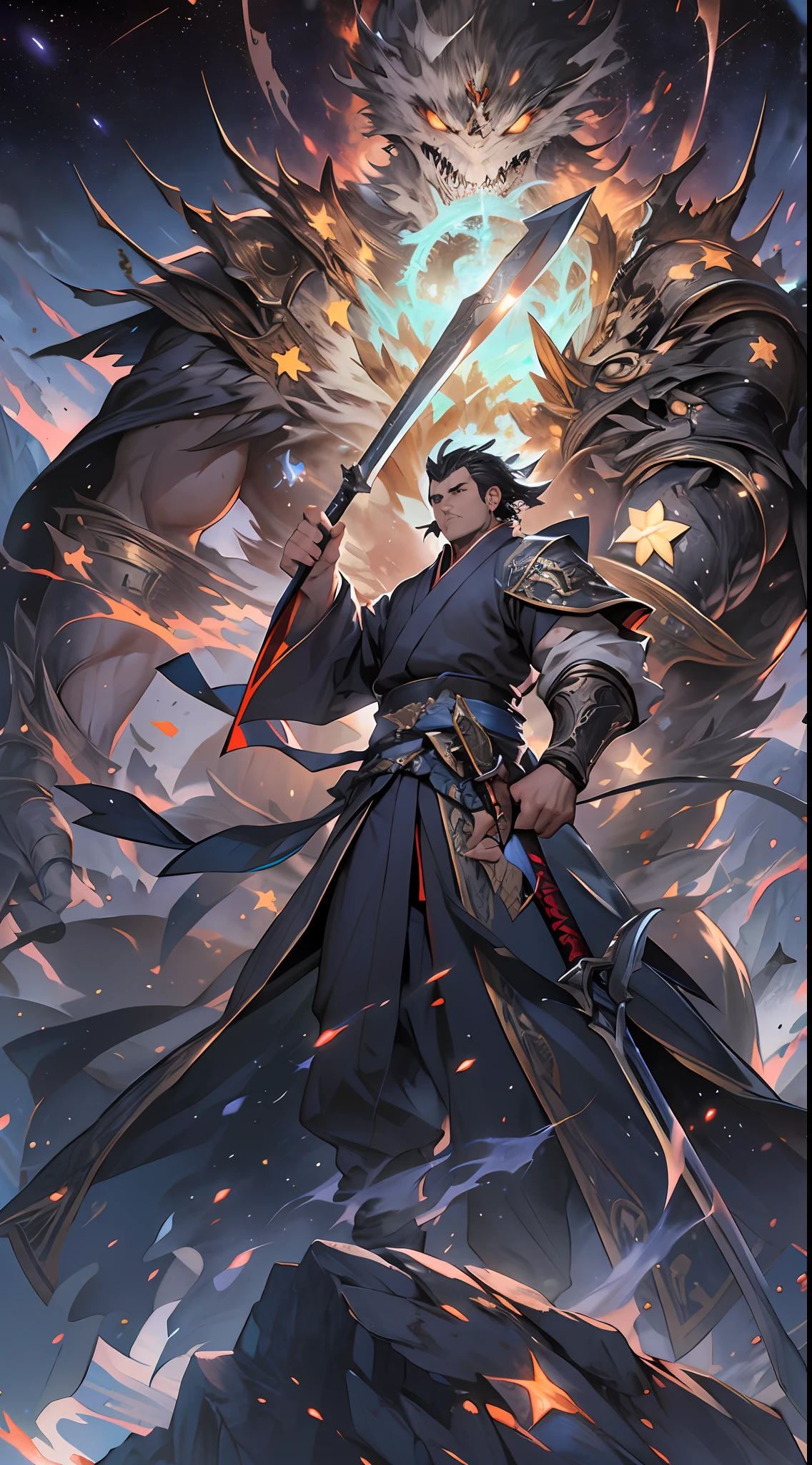 A man with a sword standing in front of a dragon - SeaArt AI