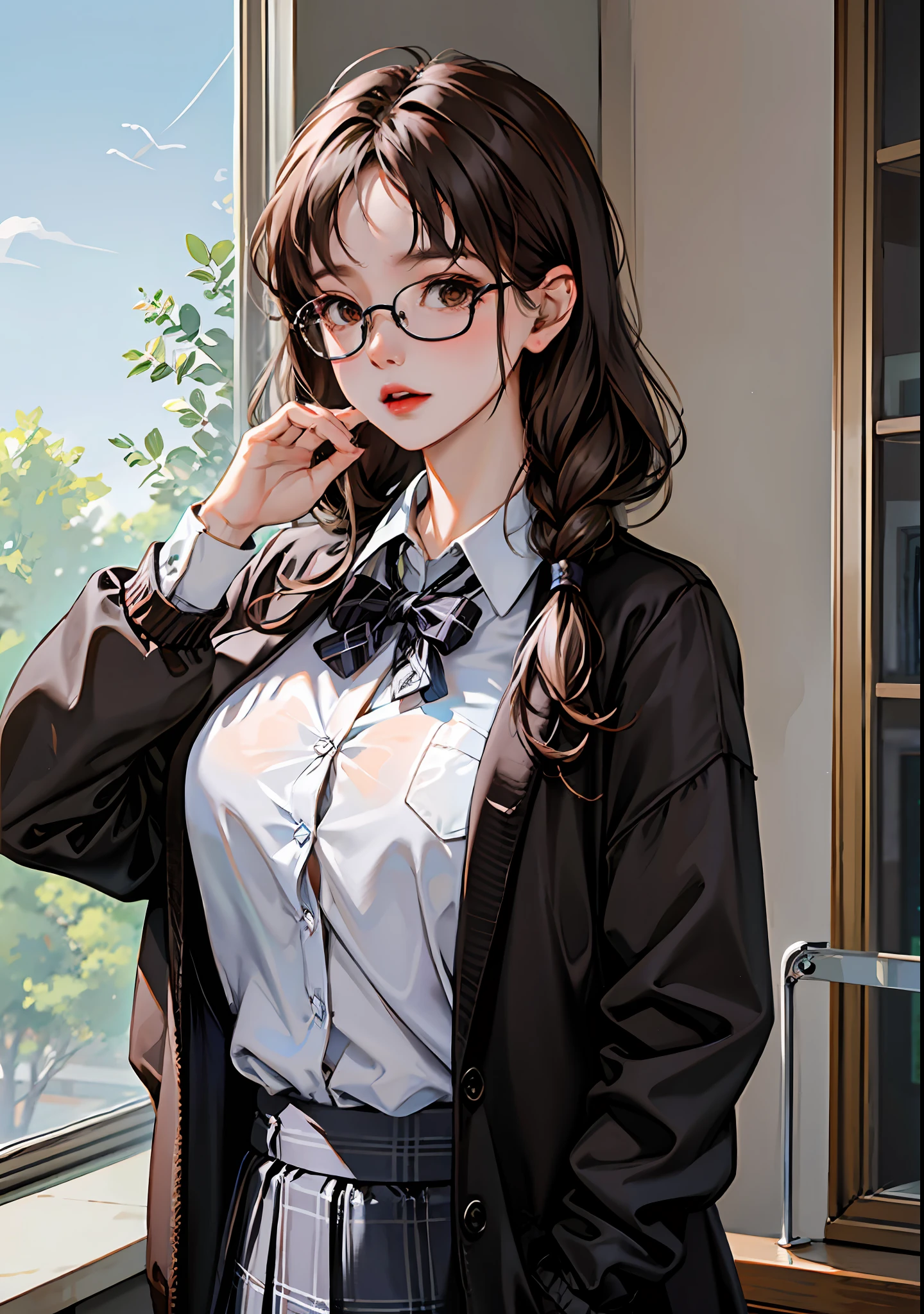 Anime girl with glasses and a black jacket standing by a window - SeaArt AI