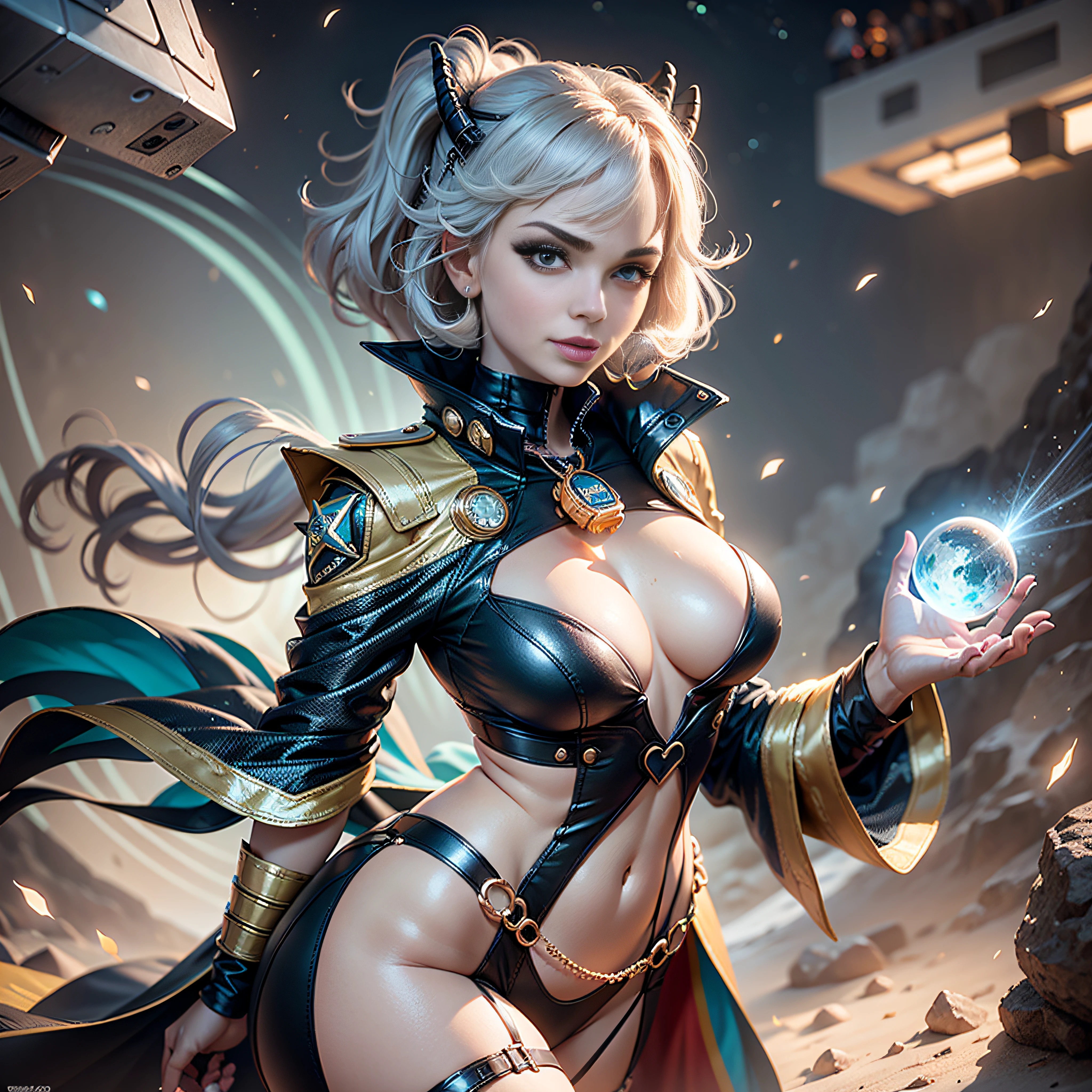 A woman in a black and gold outfit holding a crystal ball - SeaArt AI