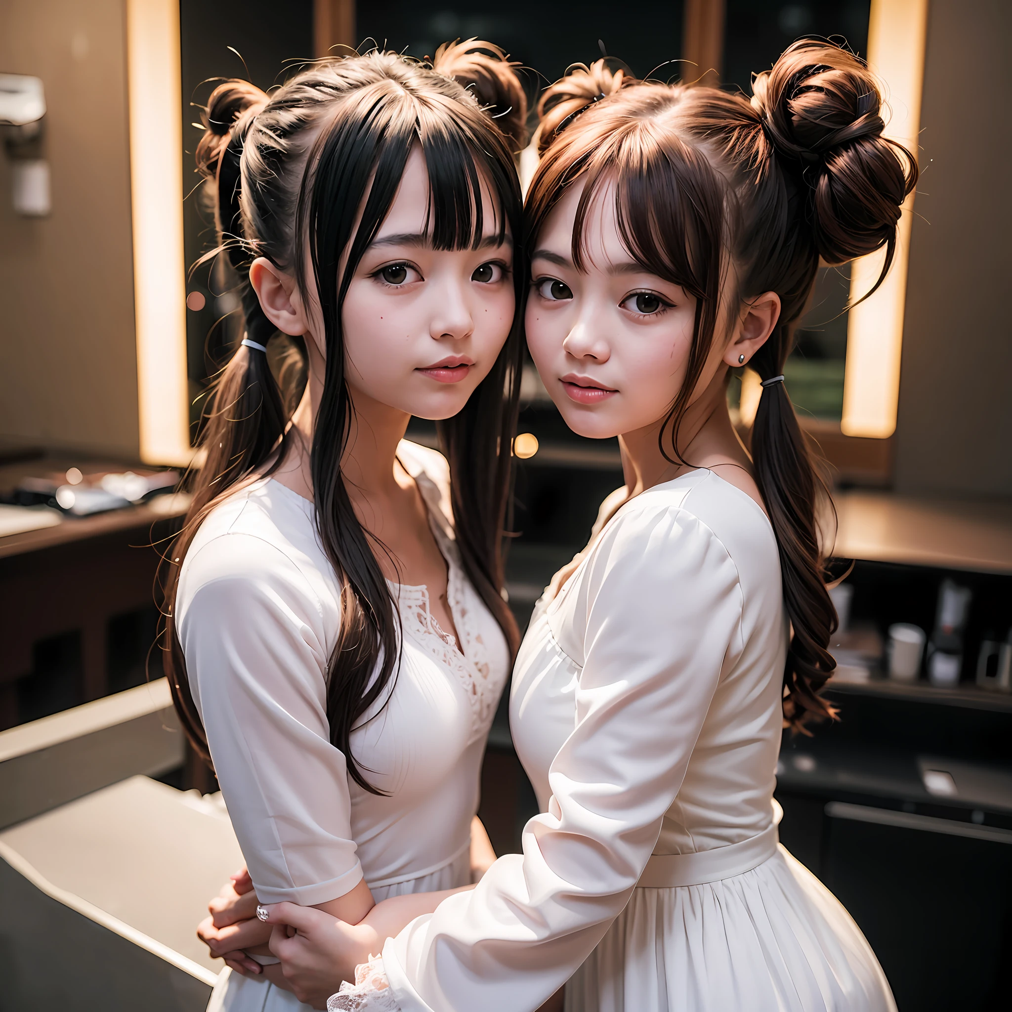 Two asian women in white dresses posing for a picture in a bathroom ...