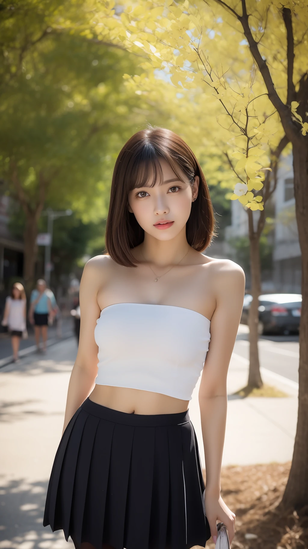 A woman in a white top and black skirt posing for a picture - SeaArt AI