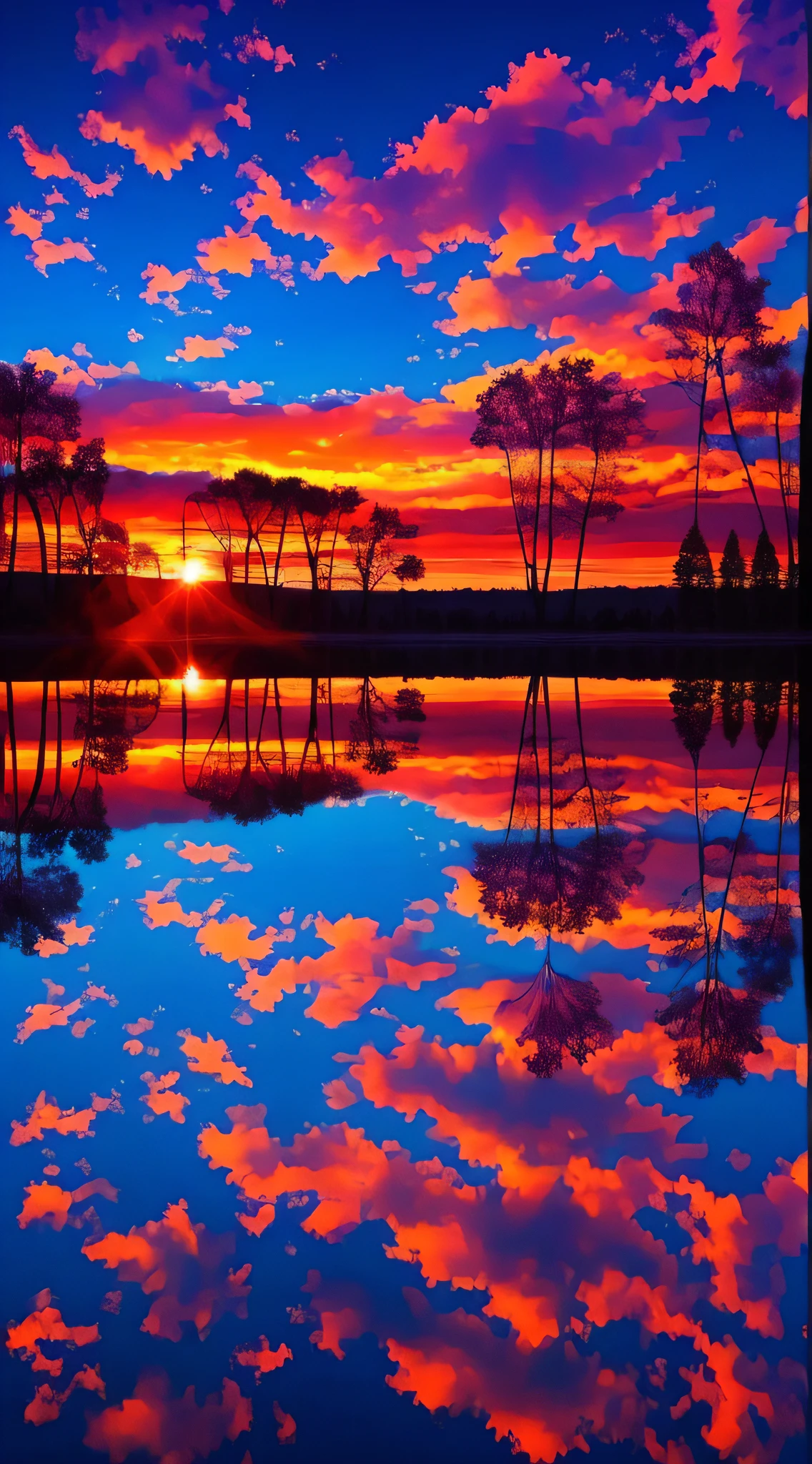 A colorful sunset reflecting in a lake with trees and clouds - SeaArt AI
